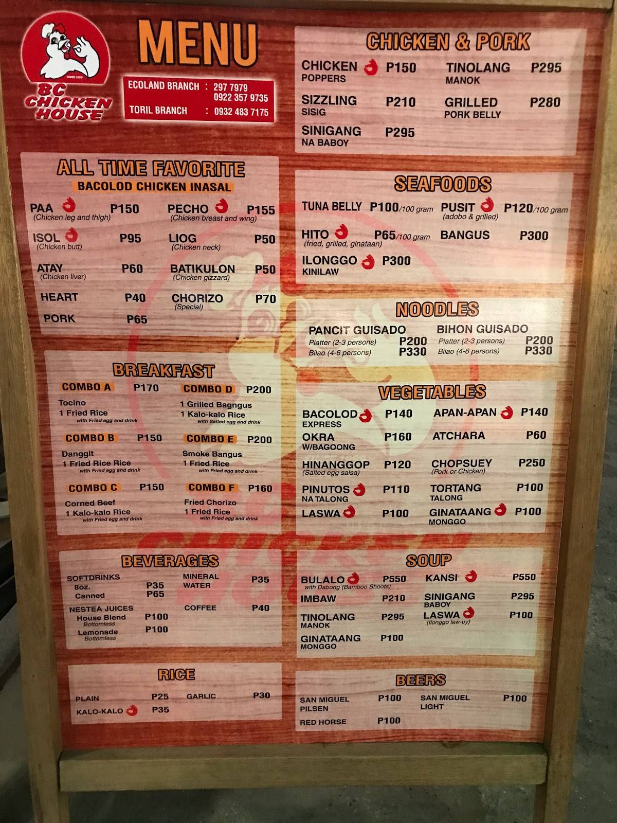 Menu at BC Chicken House restaurant, Davao City, Juna Subdivision