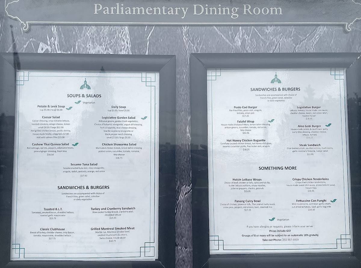Menu at BC Legislative Dining Room restaurant, Victoria