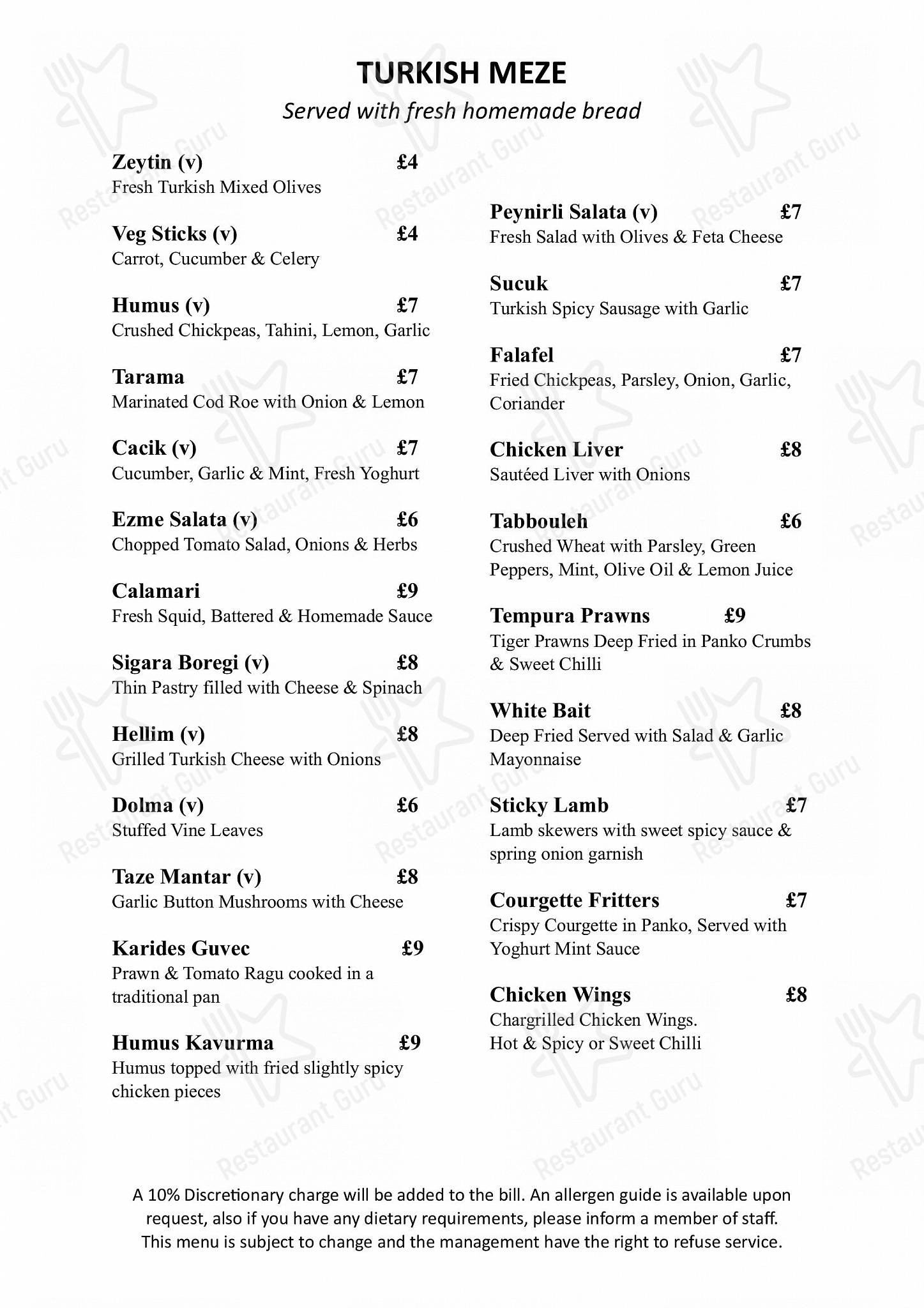 Menu at Baboush Leigh restaurant, Southend-on-Sea