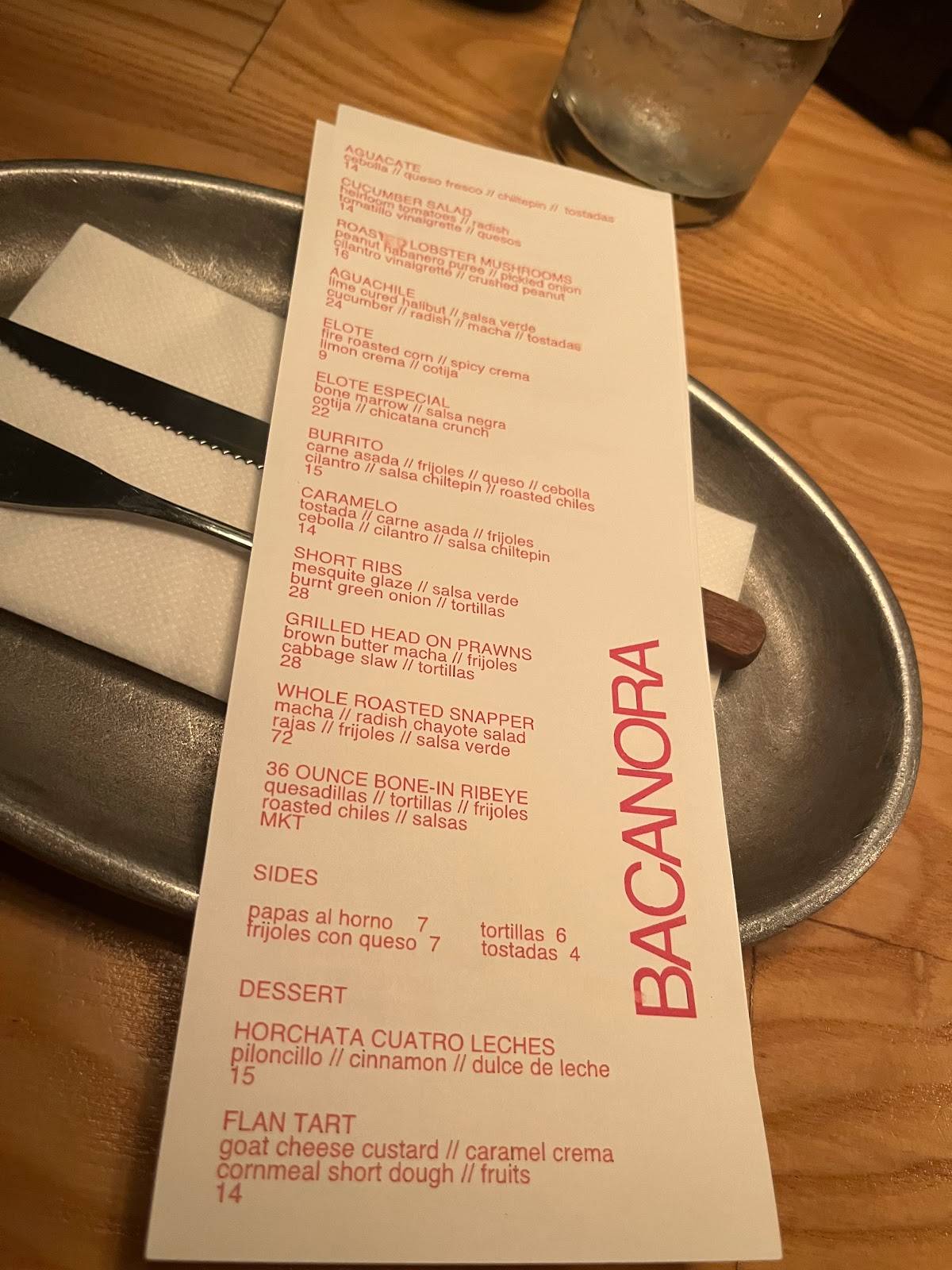 Menu at Bacanora PHX restaurant, Phoenix