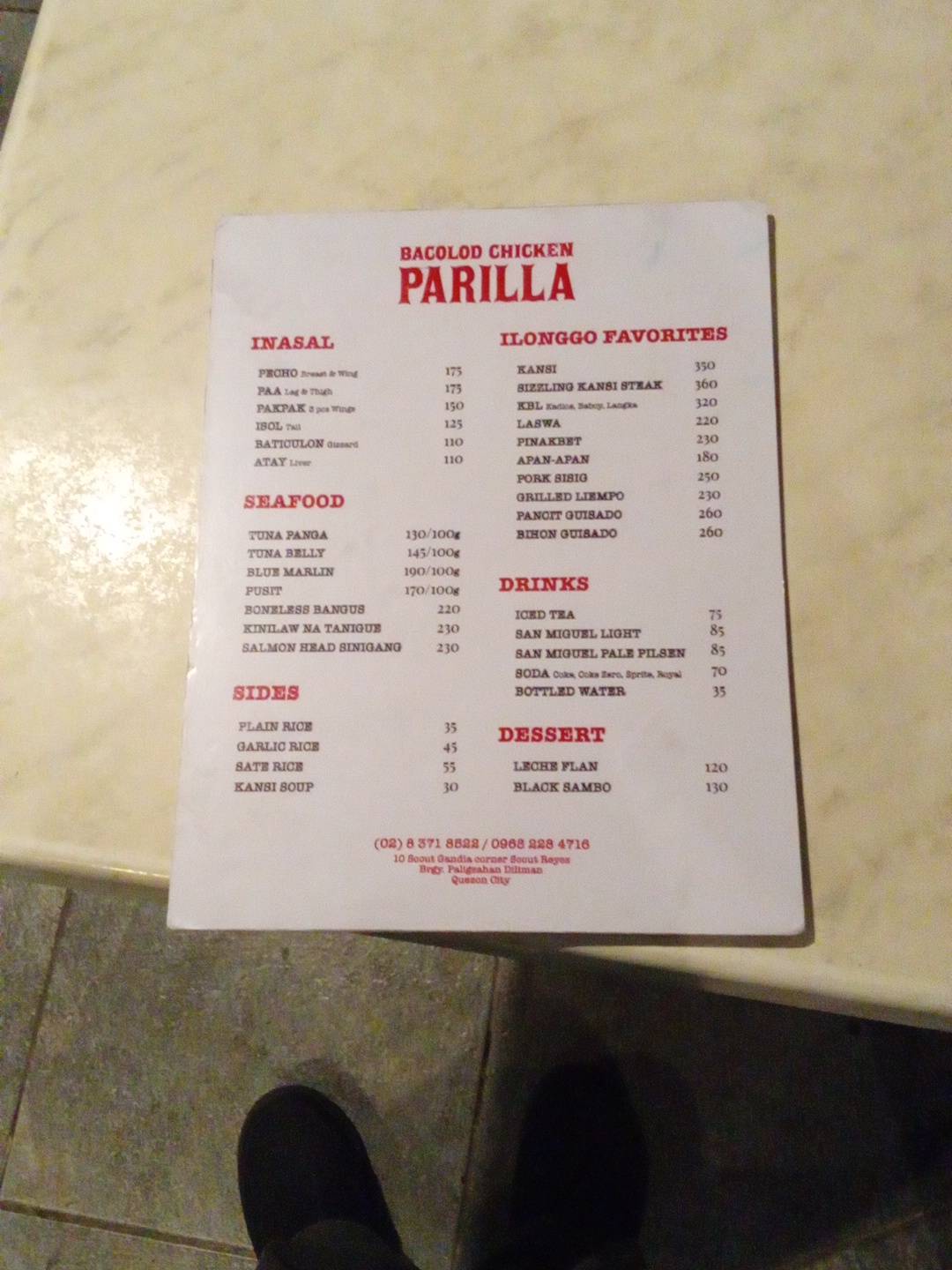 Menu at Bacolod Chicken Parilla restaurant, Quezon City, 93 Sct. Reyes St