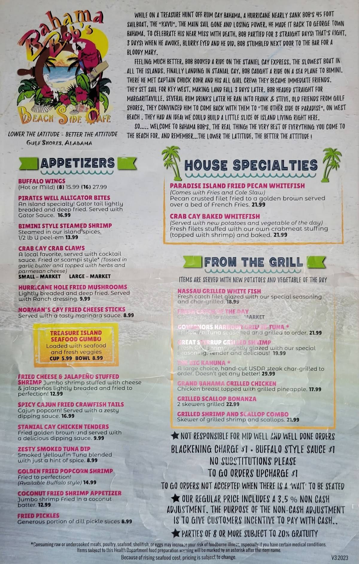 Menu at Bahama Bob's Beach Side Cafe, Gulf Shores