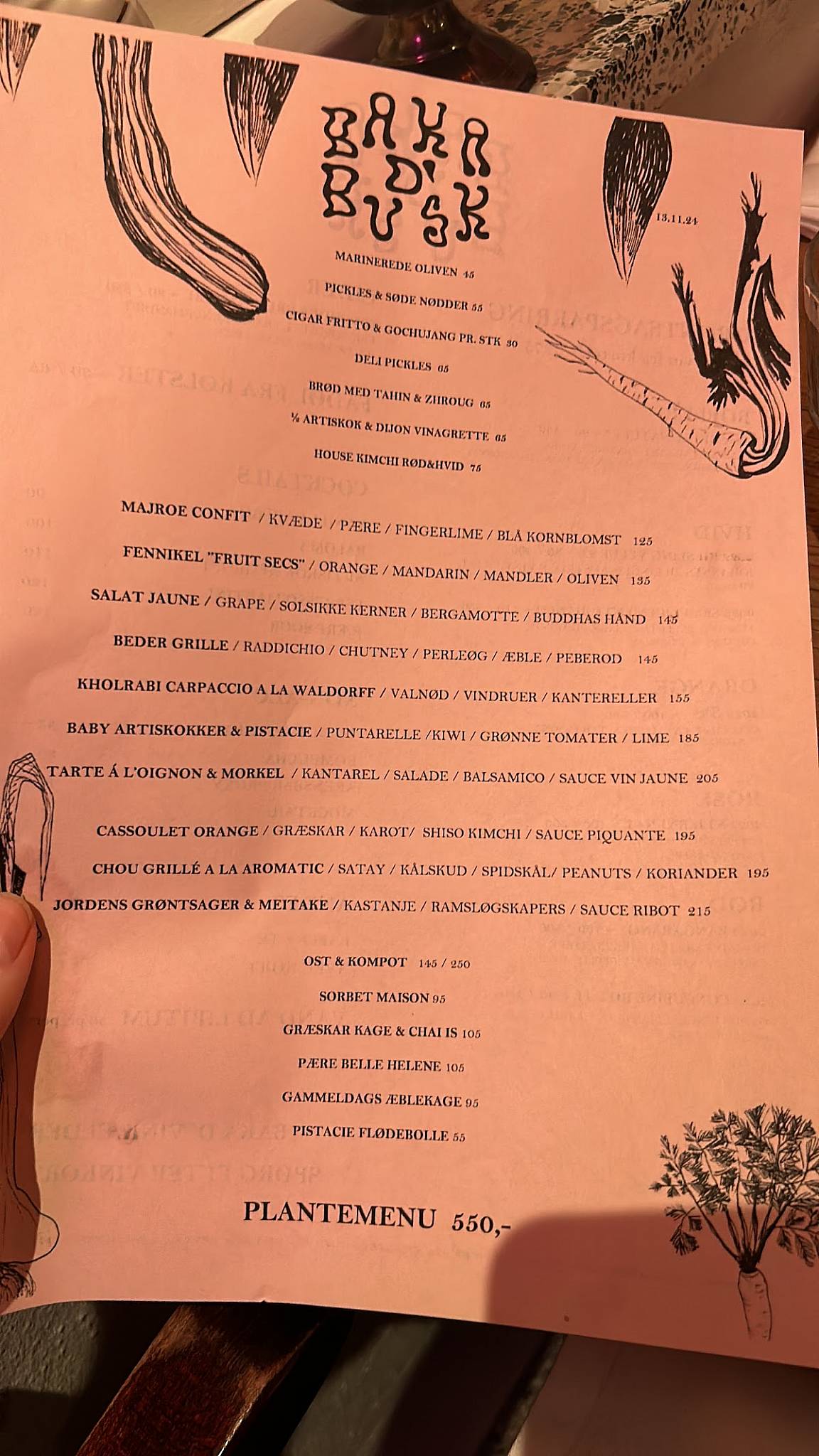 Menu at Baka d' Busk restaurant, Copenhagen