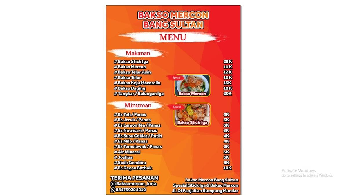 Menu at Bakso Mercon Kota Bang Sultan restaurant, Banyuwangi