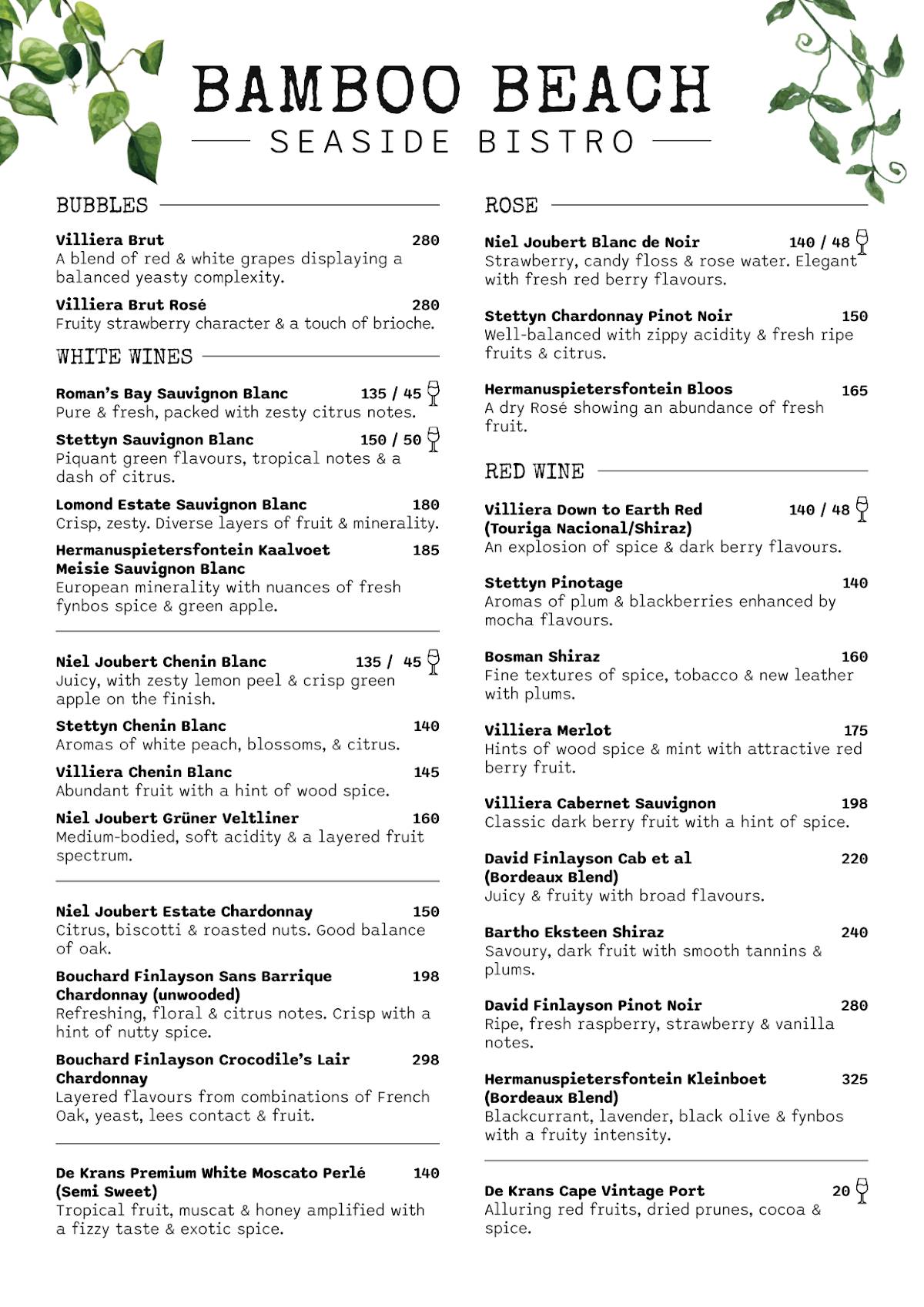 Menu at Bamboo Beach Restaurant, Sandbaai