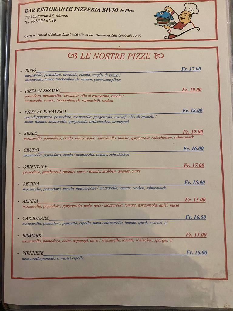 Menu da Bar-Ristorante pizzeria Bivio, Manno