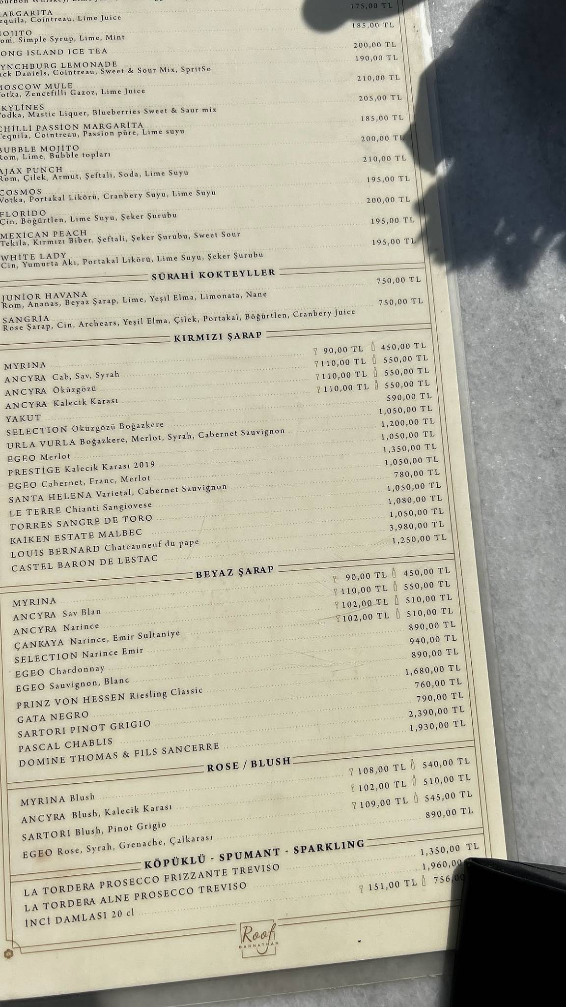 Menu at Barnathan Cafe Brasserie, Istanbul