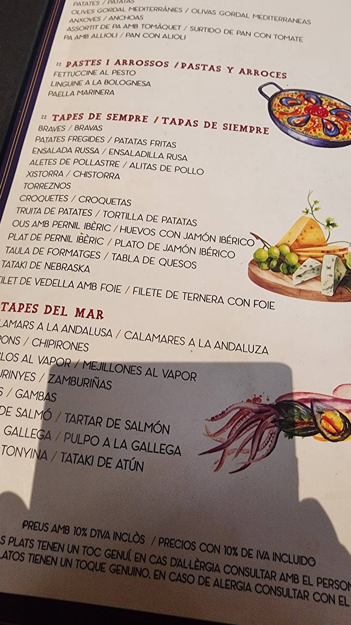 Menu at Barra & Art, Barcelona