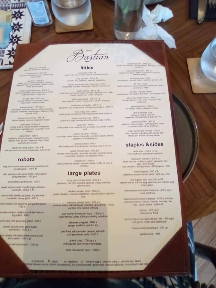 Menu at Bastian, Worli, Mumbai