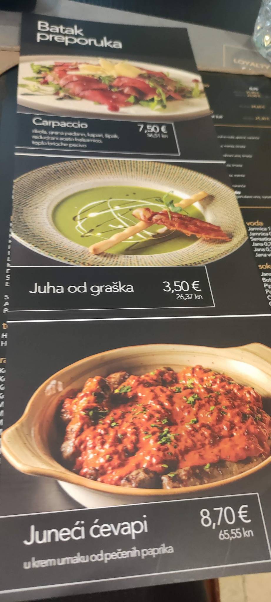 Menu at Batak Kvatrić restaurant, Zagreb, Ul. Jakova Gotovca 1