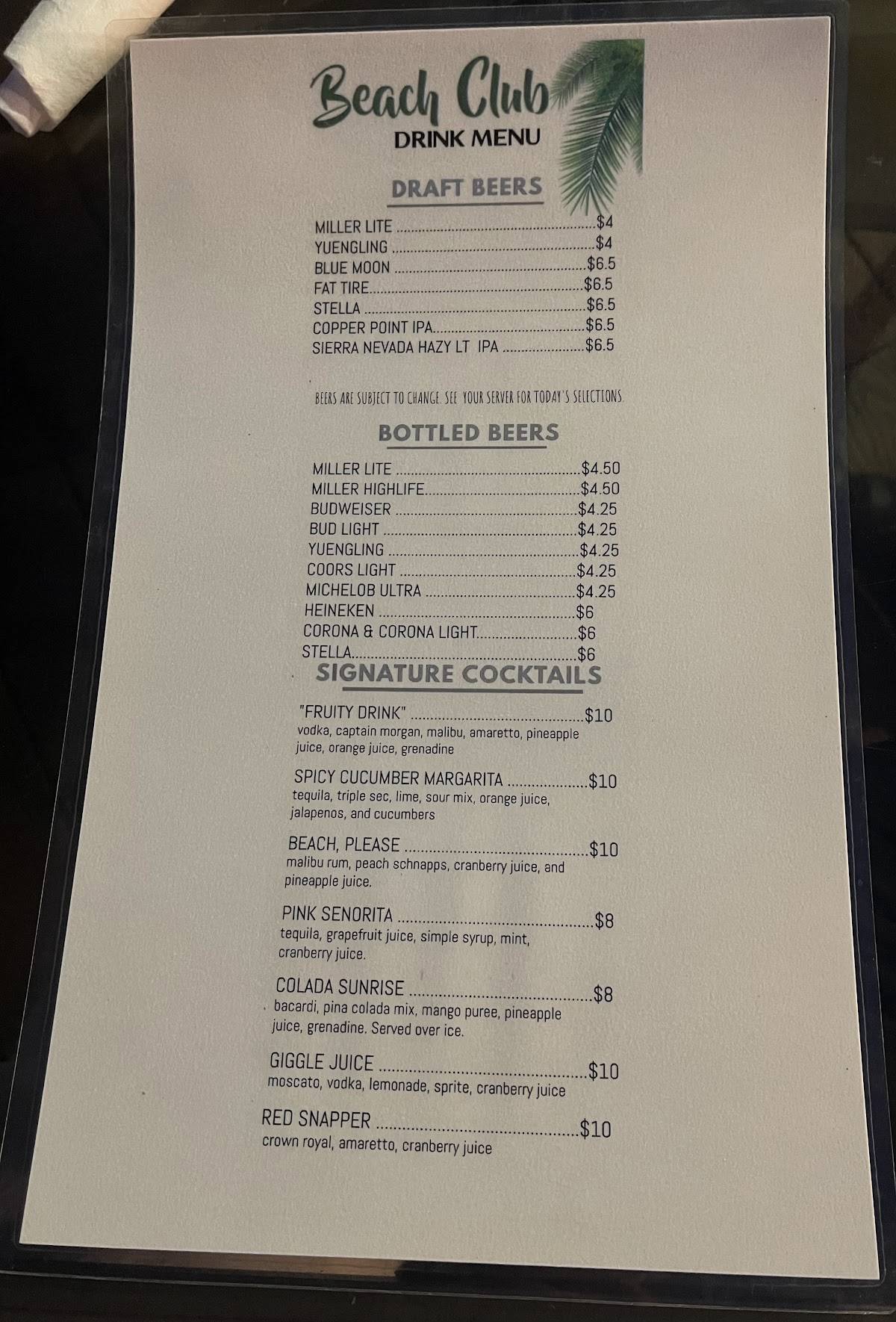 Menu at Beach Club Lake Worth, Lake Worth