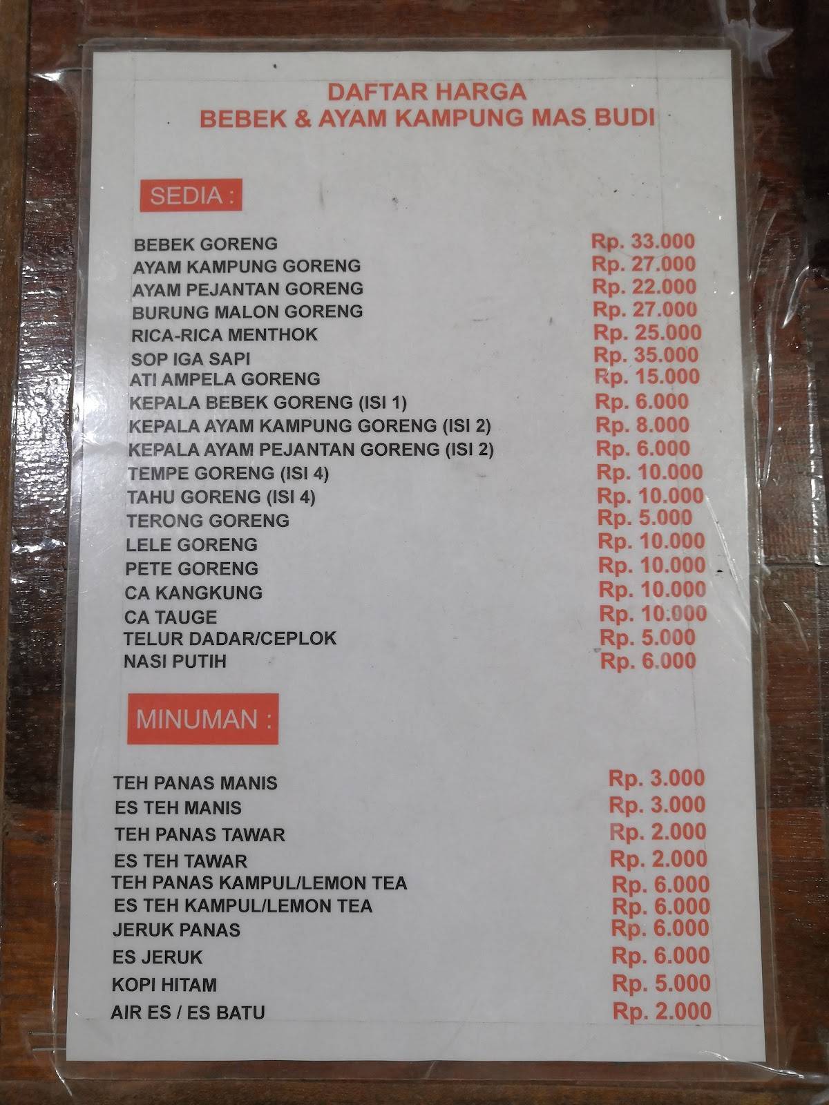 Carta del restaurante Bebek dan Ayam Kampung Mas Budi, Semarang, Jl ...