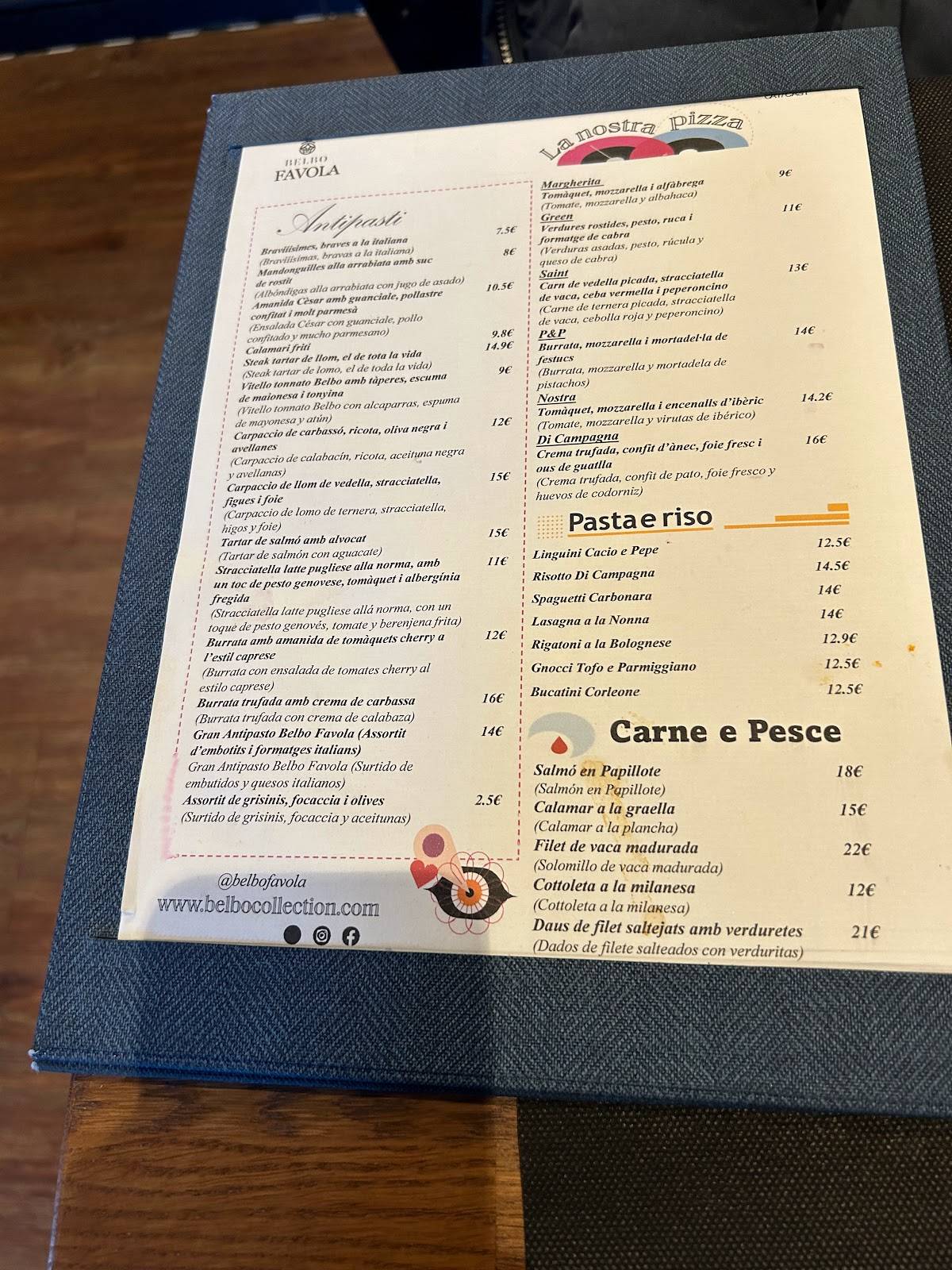 Carta de Restaurant Belbo Favola, Sant Cugat del Vallès