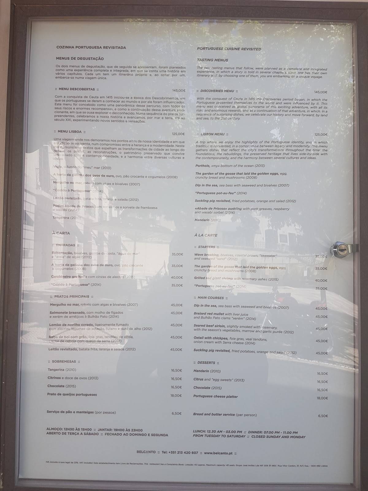 Menu at Belcanto restaurant, Lisbon, R. Serpa Pinto 10A