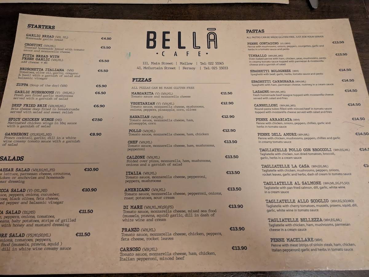 Menu at Bella Cafe Fermoy, Fermoy, 41 McCurtain St