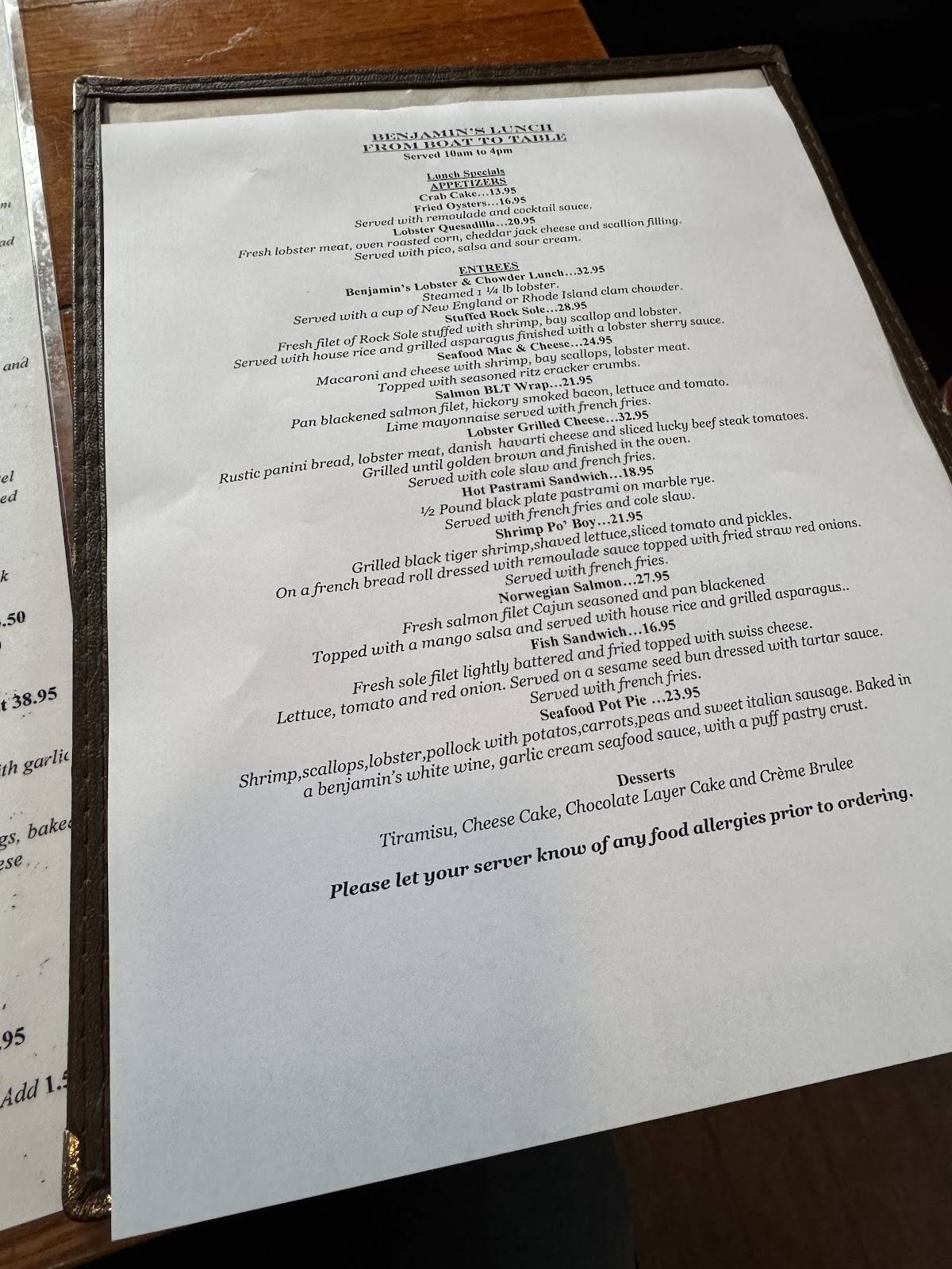 Menu at Benjamin's restaurant, Newport