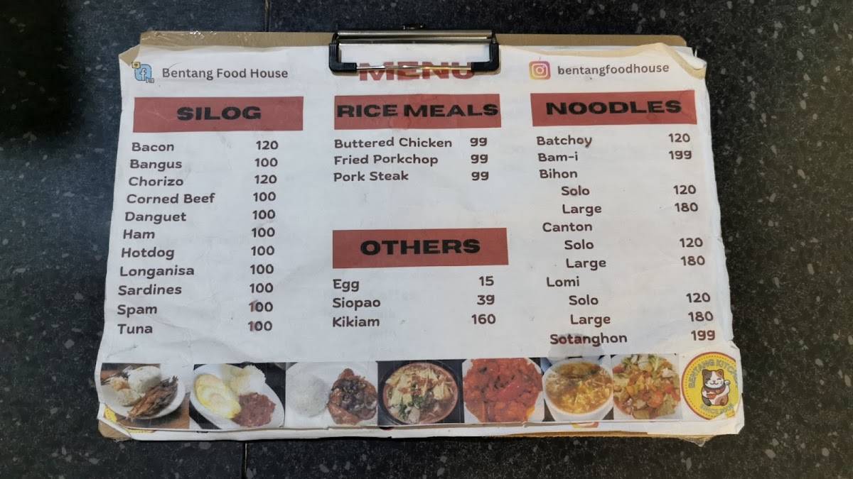 Menu at Bentang Food House restaurant, Cebu City