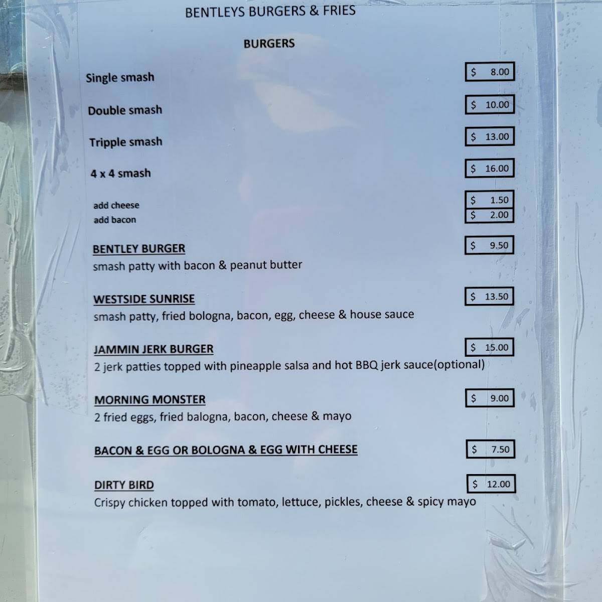 Menu at Bentley's burgers and fries restaurant, West Chezzetcook