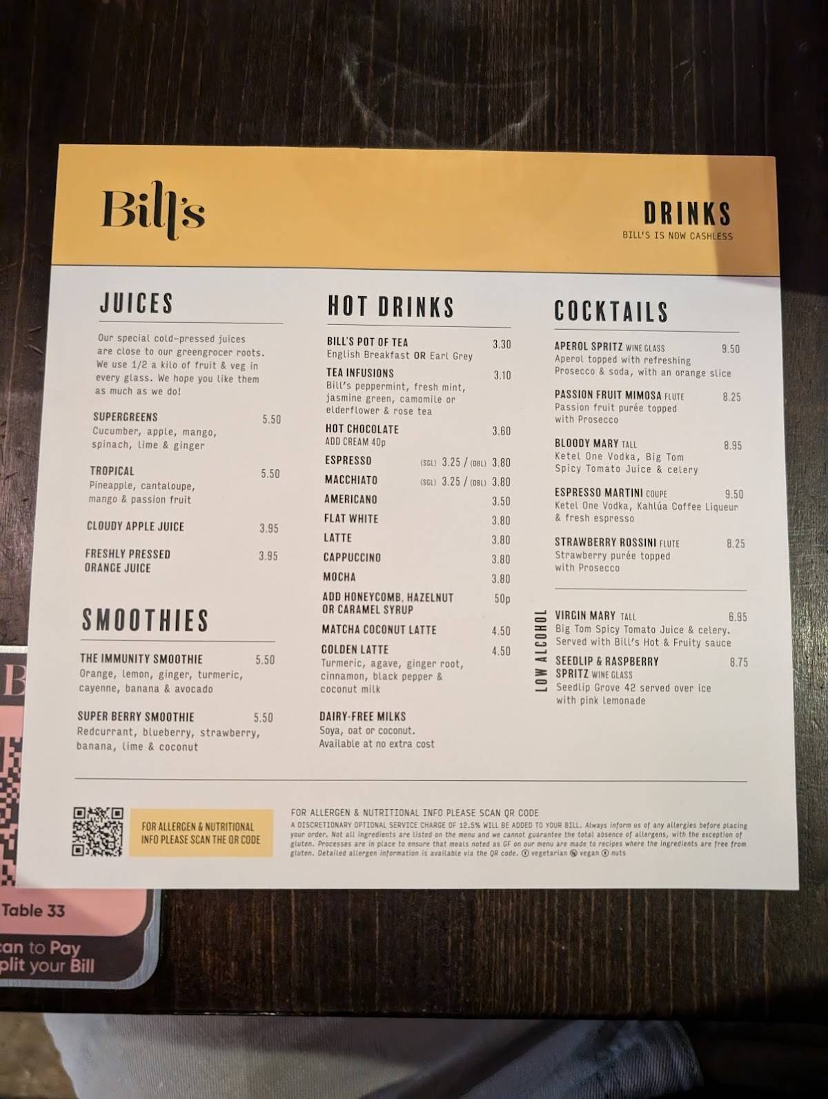 Menu at Bill's Bath Restaurant, Bath