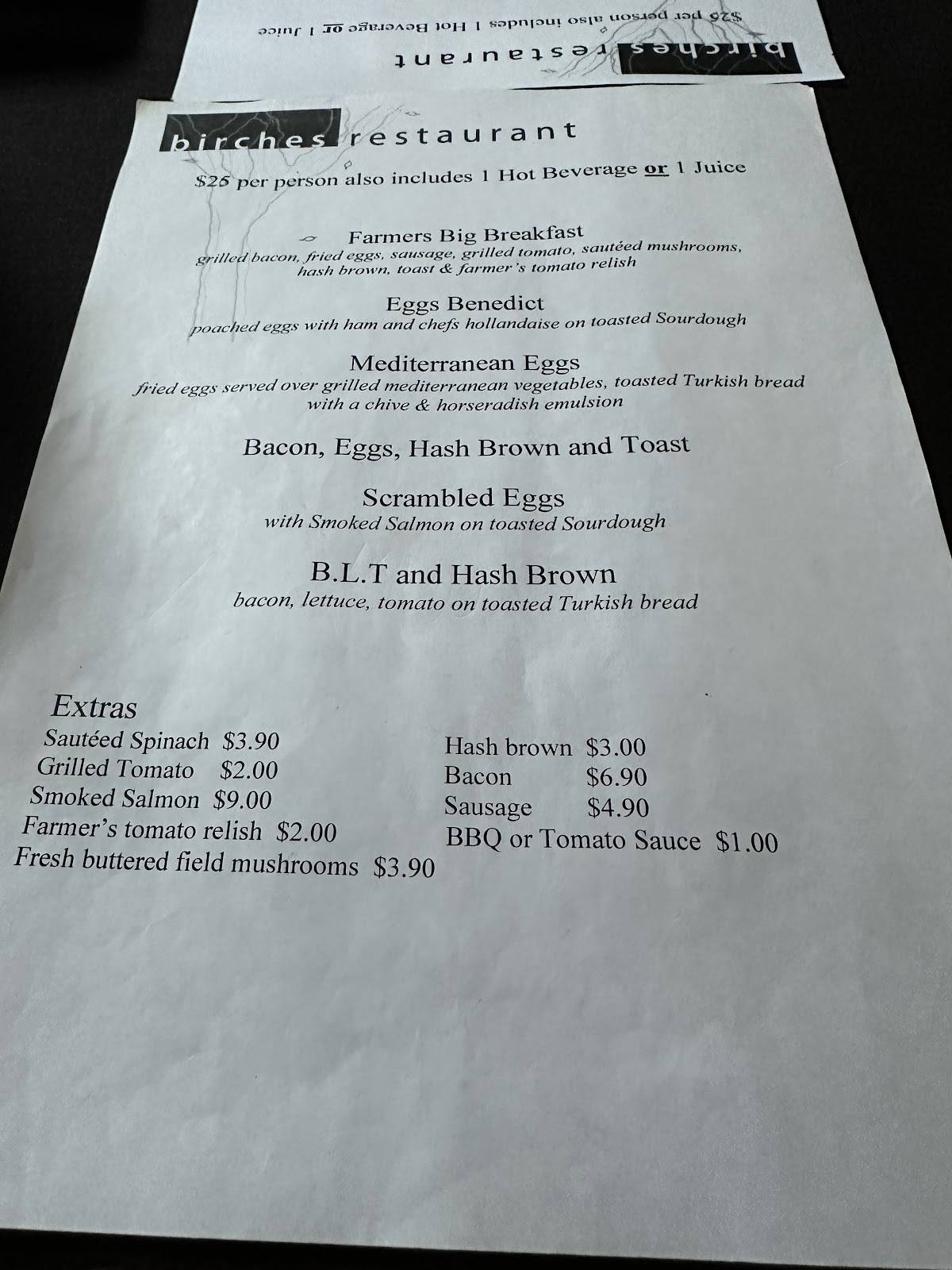 Menu at Birches Restaurant, Mount Mee