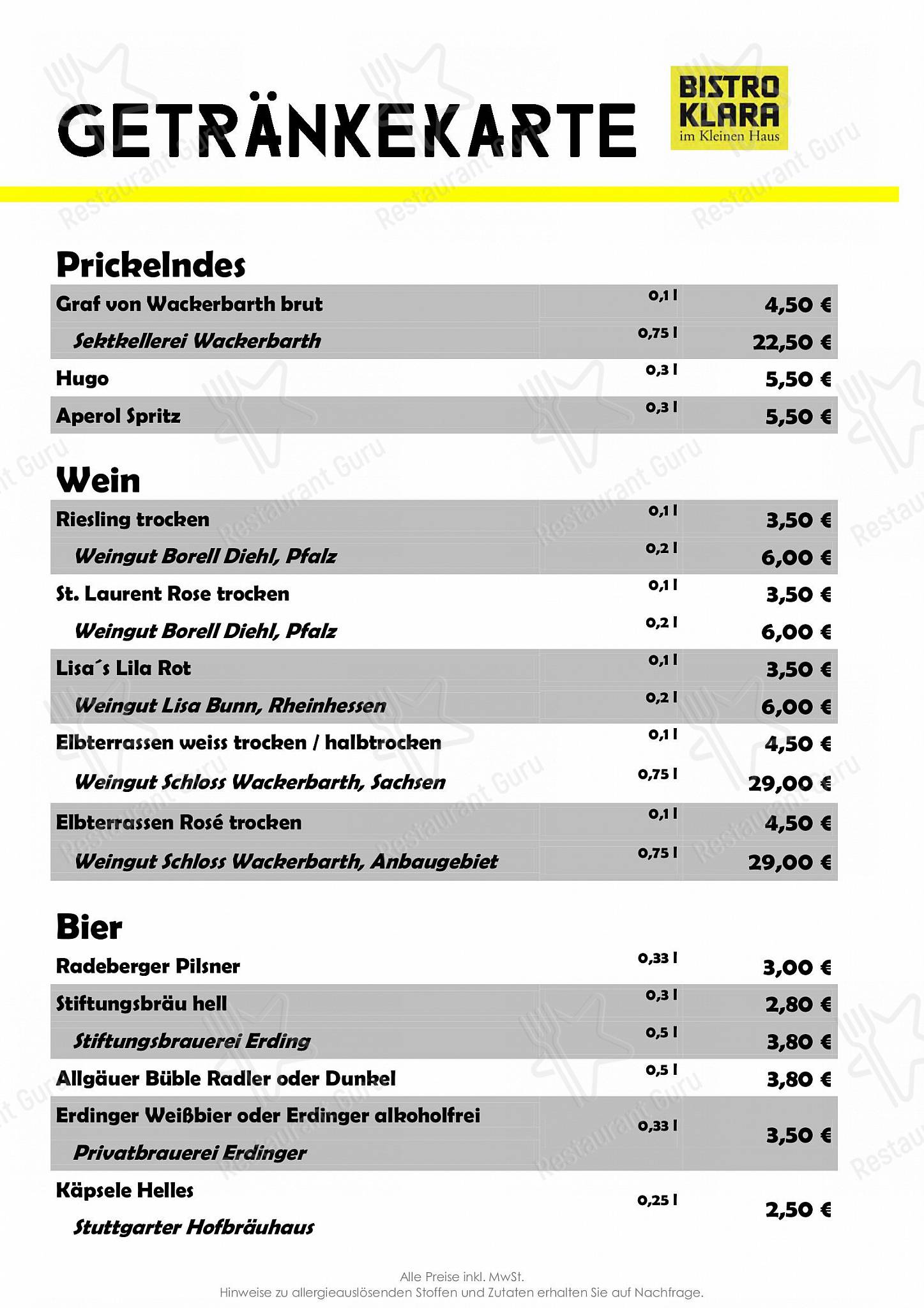 Speisekarte von Bistro Klara - Pop-Up Goes Oper restaurant, Dresden