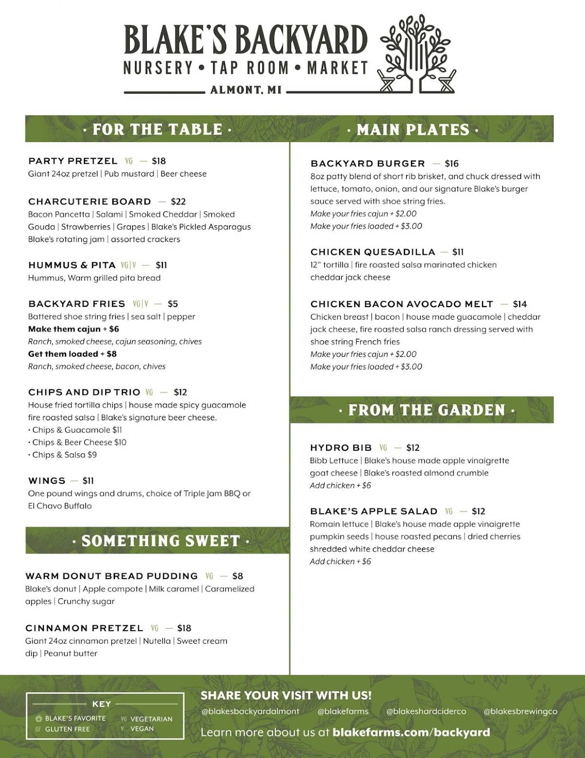 Menu at Blake's Backyard restaurant, Almont