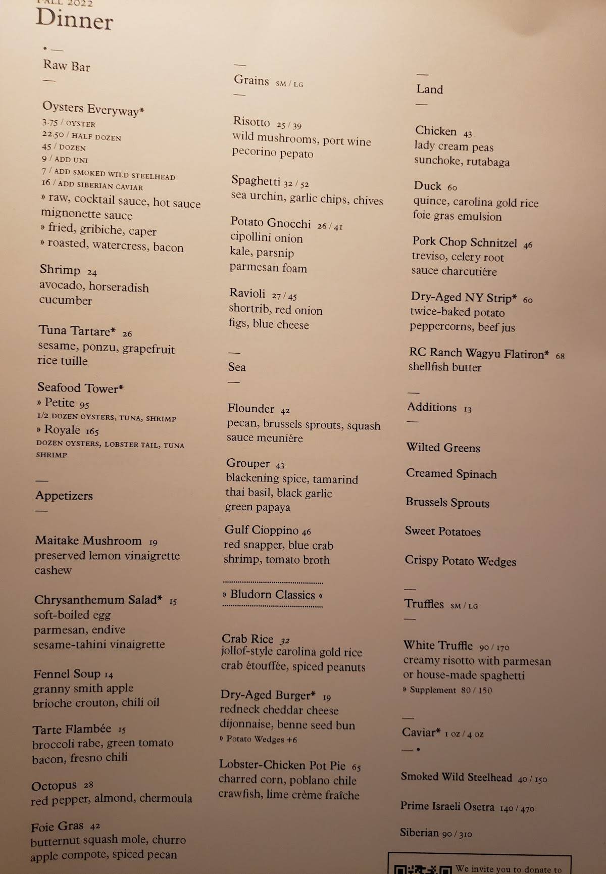 Menu at Bludorn restaurant, Houston