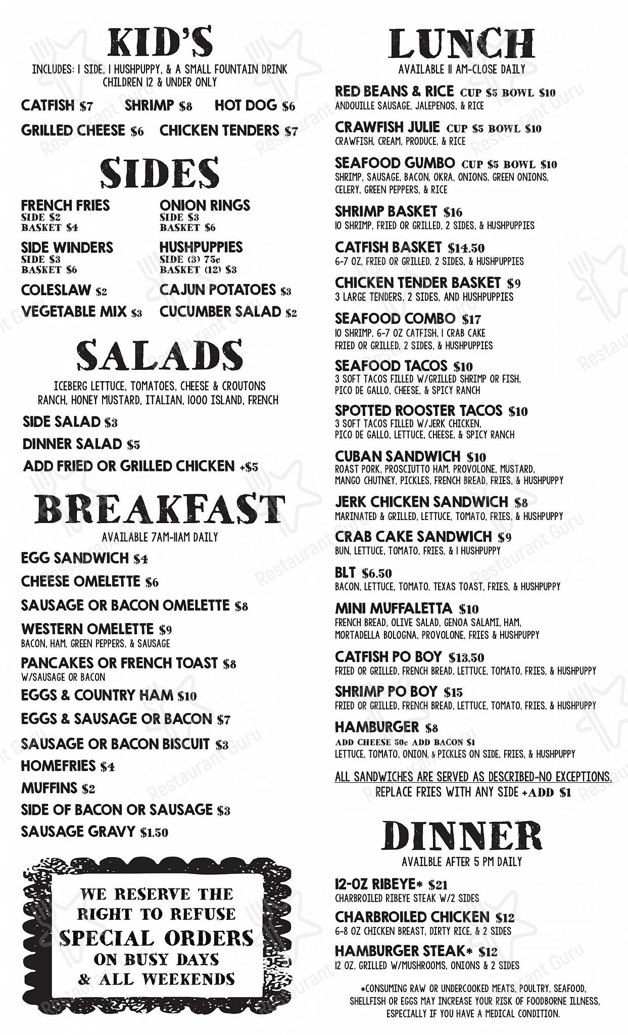 Menu at Bluegill Grill restaurant, Tullahoma