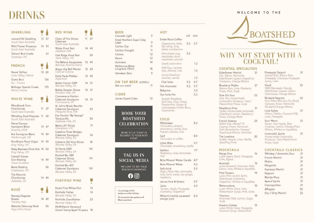 Menu at Boatshed Restaurant, Lake Wendouree, 27A Lake Wendouree Foreshore