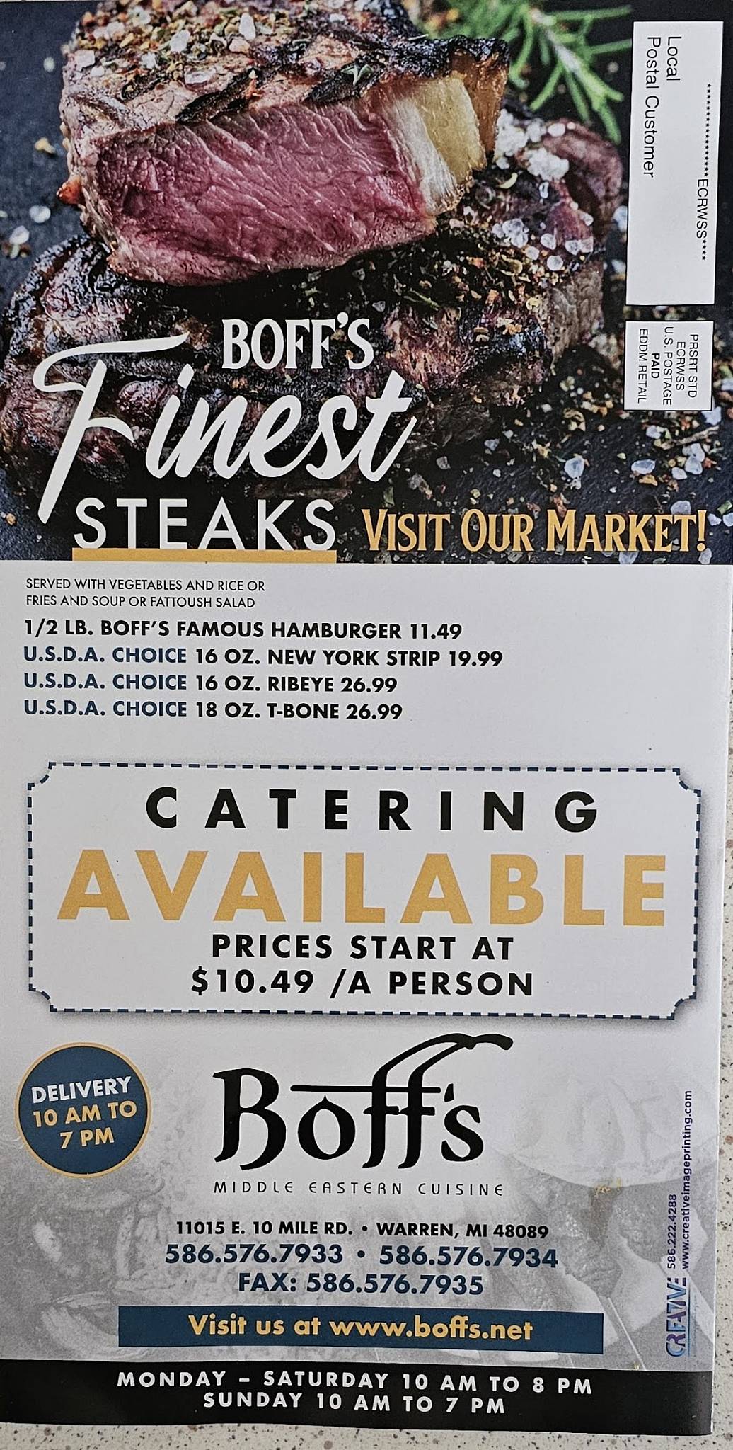 Menu at Boff's Middle Eastern Cuisine restaurant, Warren