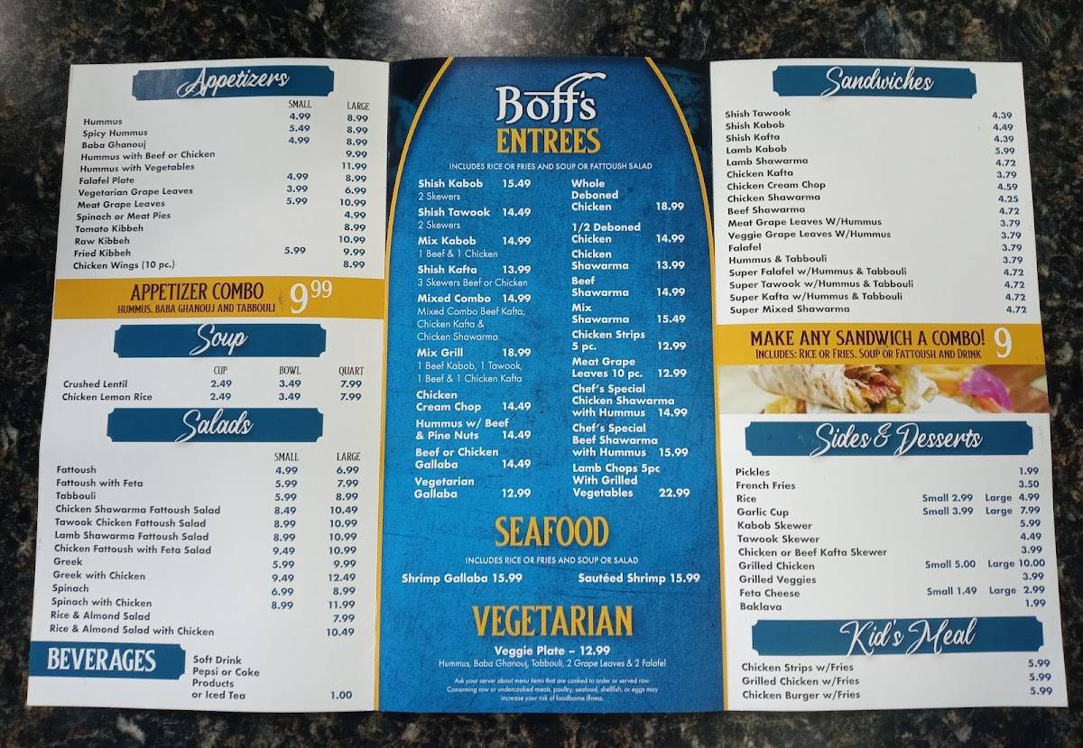 Menu at Boff's Middle Eastern Cuisine restaurant, Warren