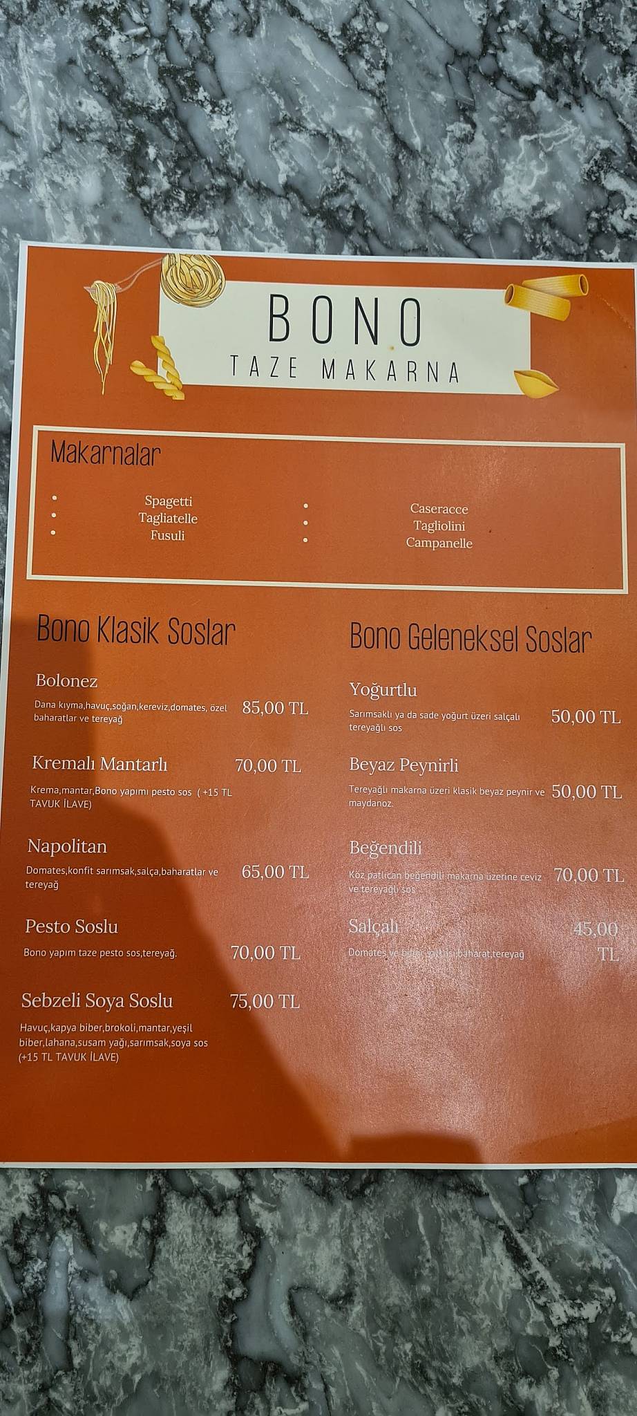 Menu at Bono Taze Makarna, Istanbul