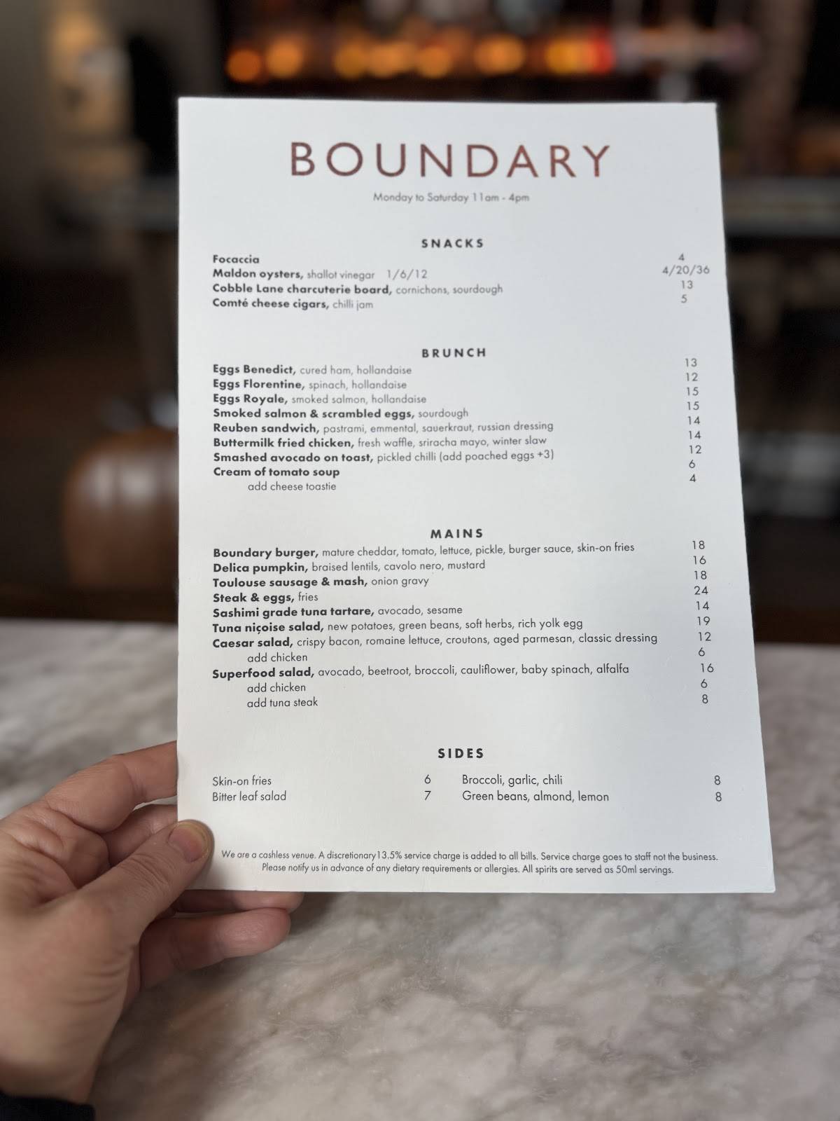 Menu at Boundary Bar and Brasserie, London, Ground Floor