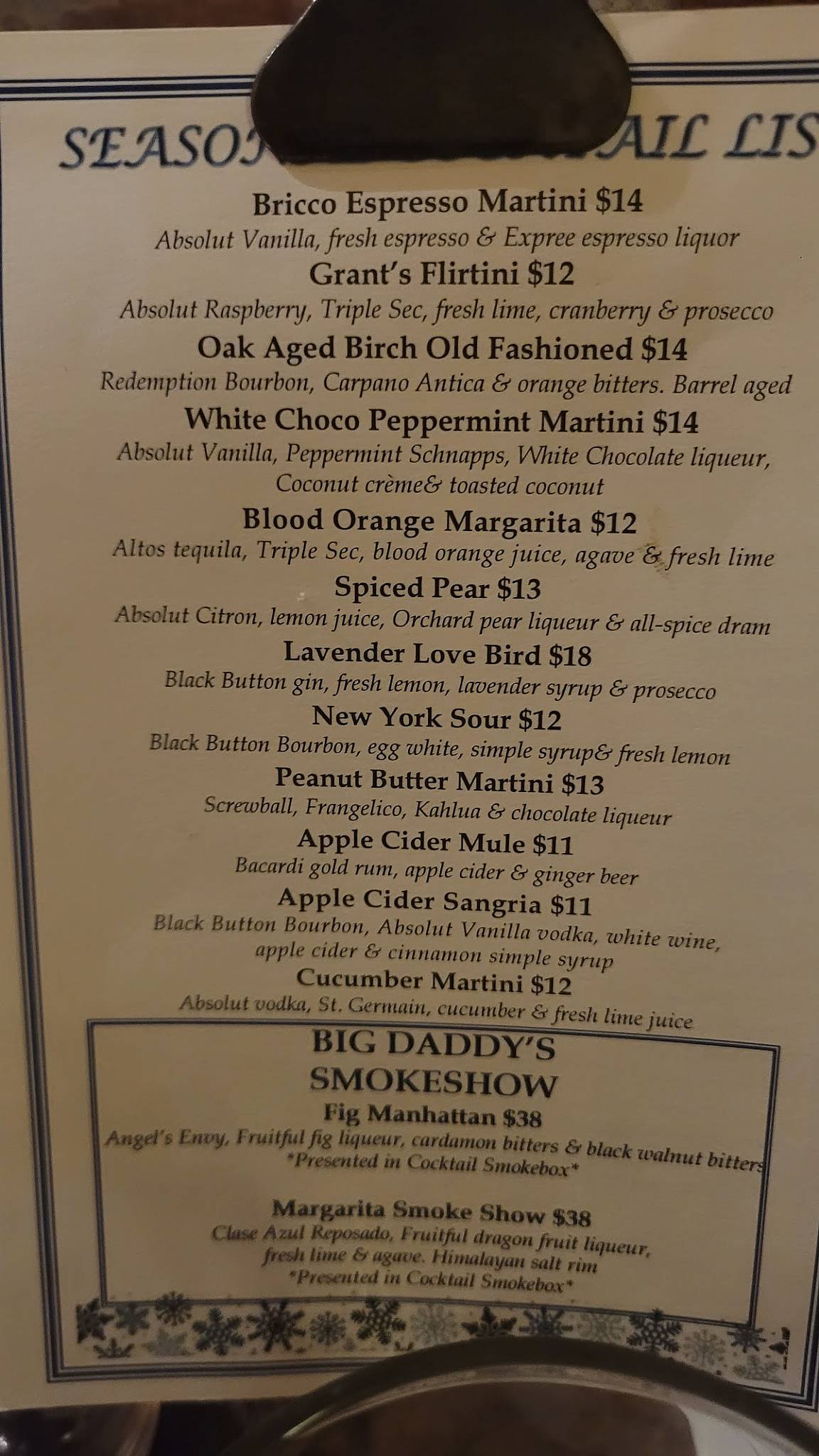 Menu at Restaurant Bricco, West Hartford