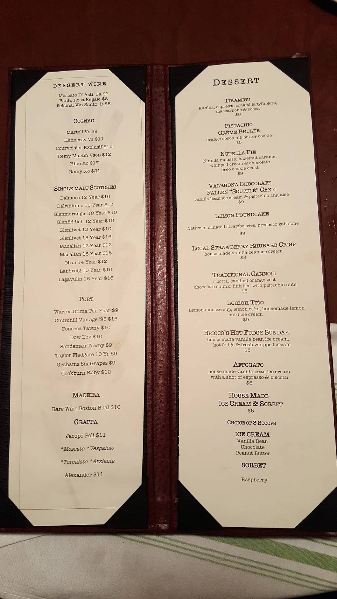 Menu at Restaurant Bricco, West Hartford