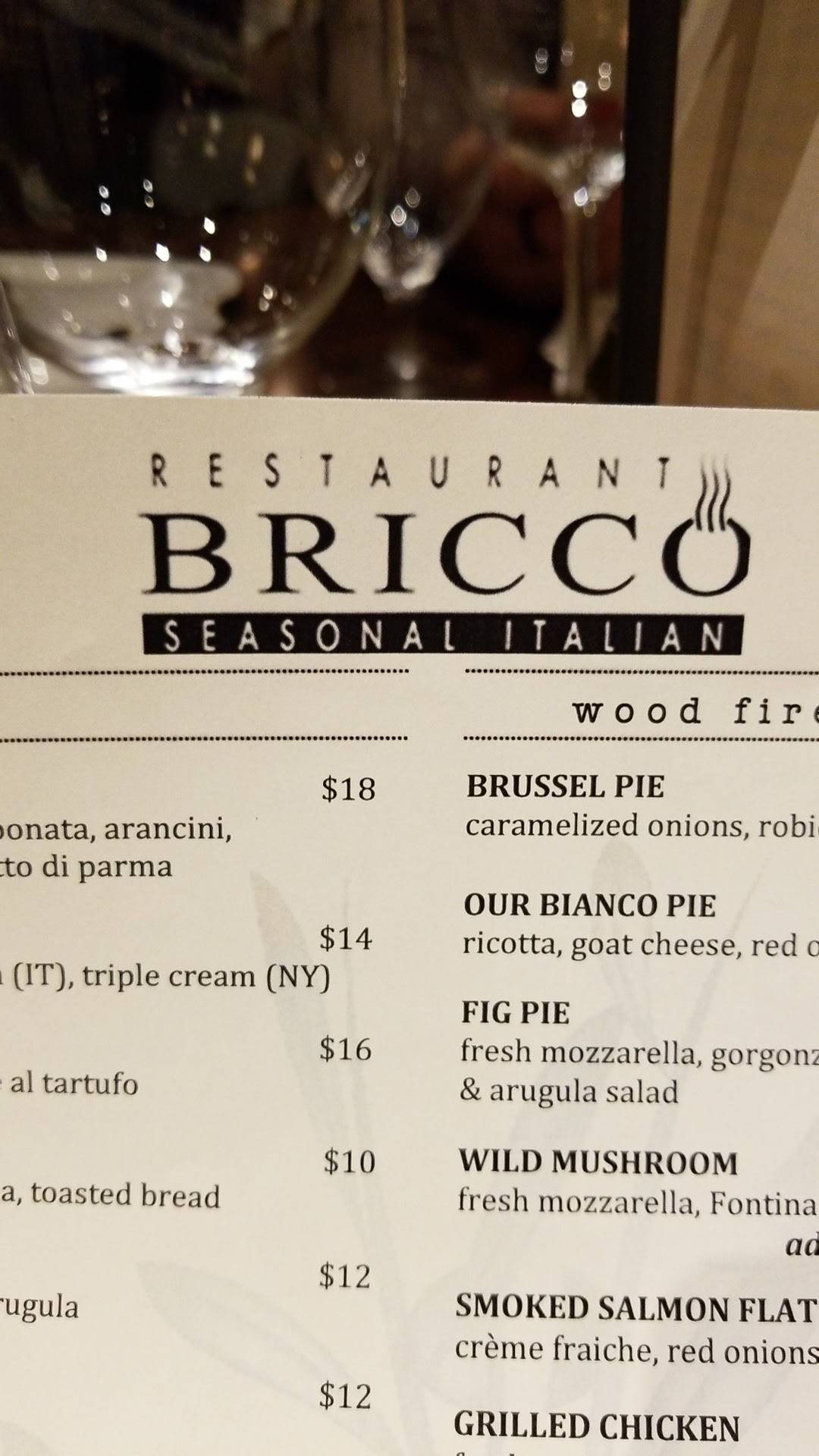 Menu at Restaurant Bricco, West Hartford