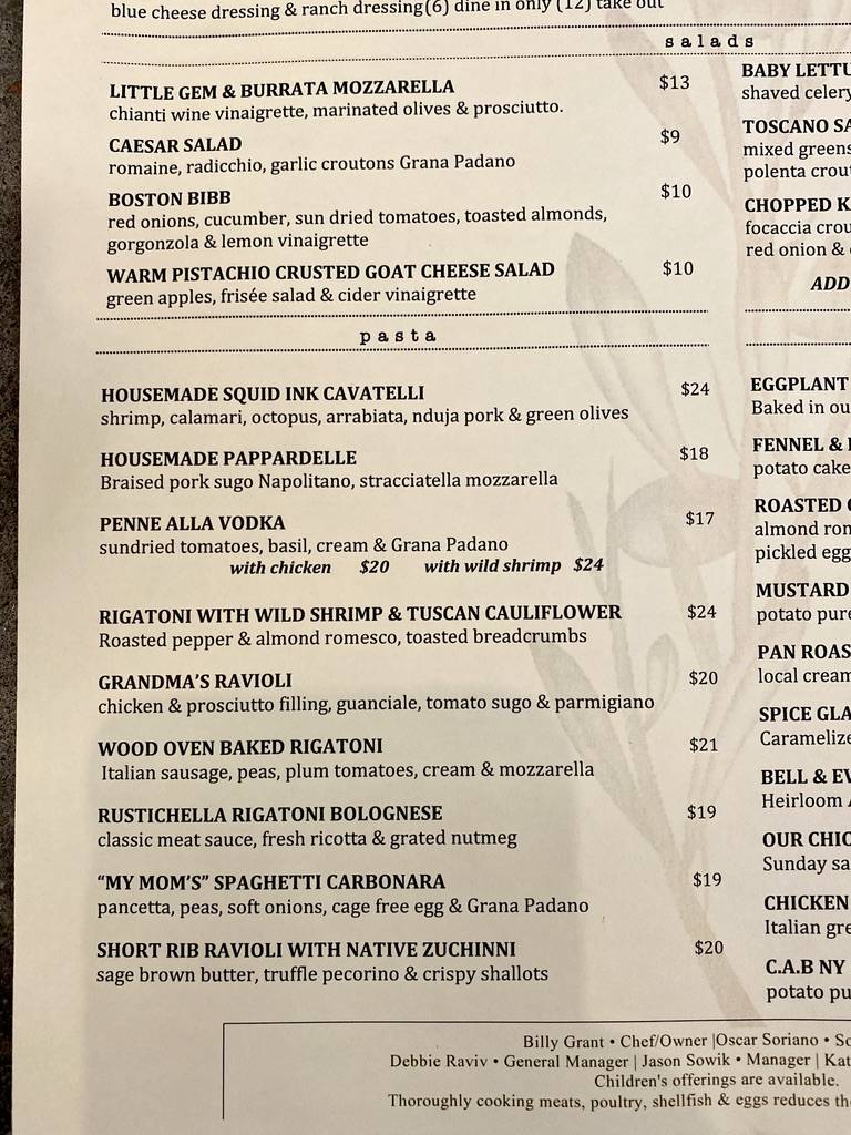 Menu at Restaurant Bricco, West Hartford