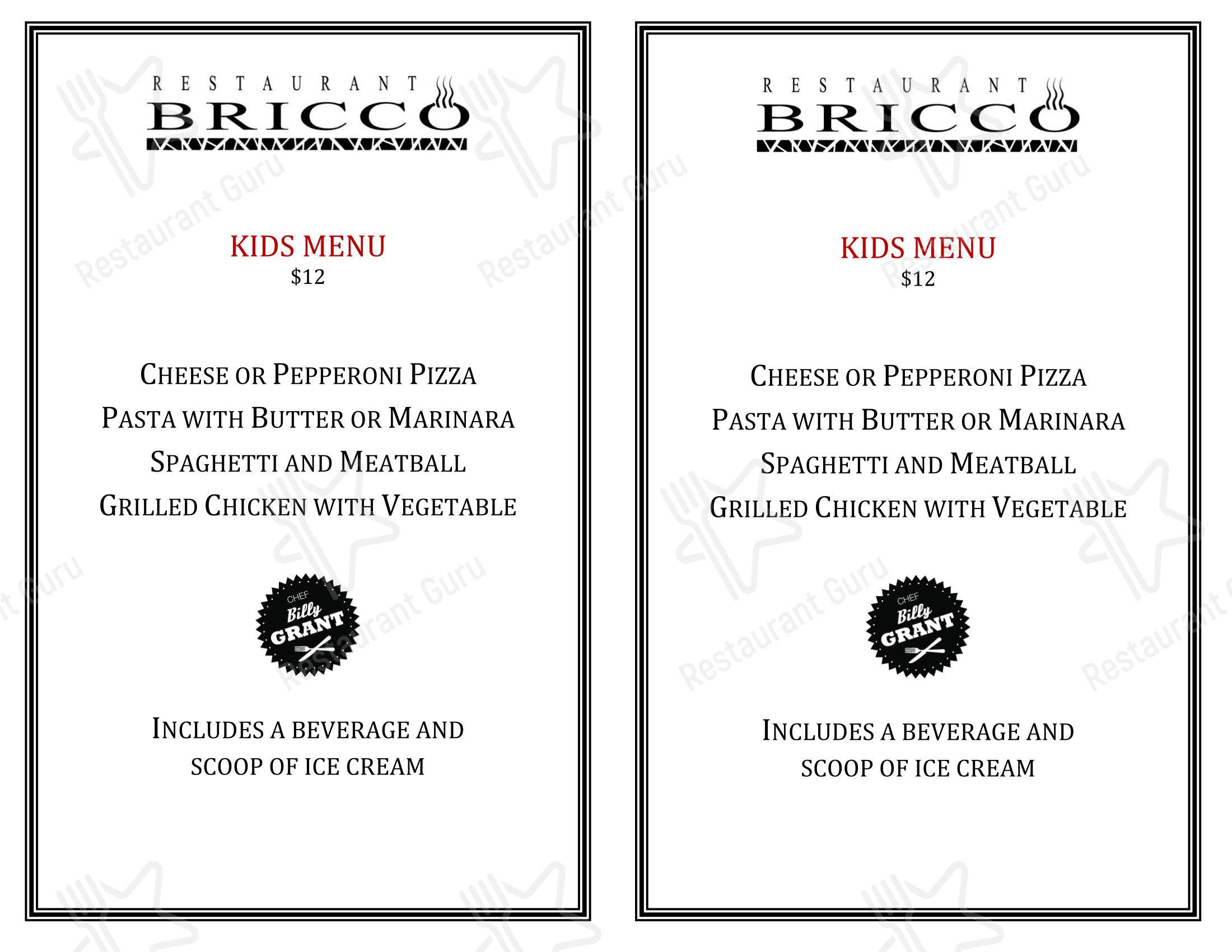 Menu at Restaurant Bricco, West Hartford