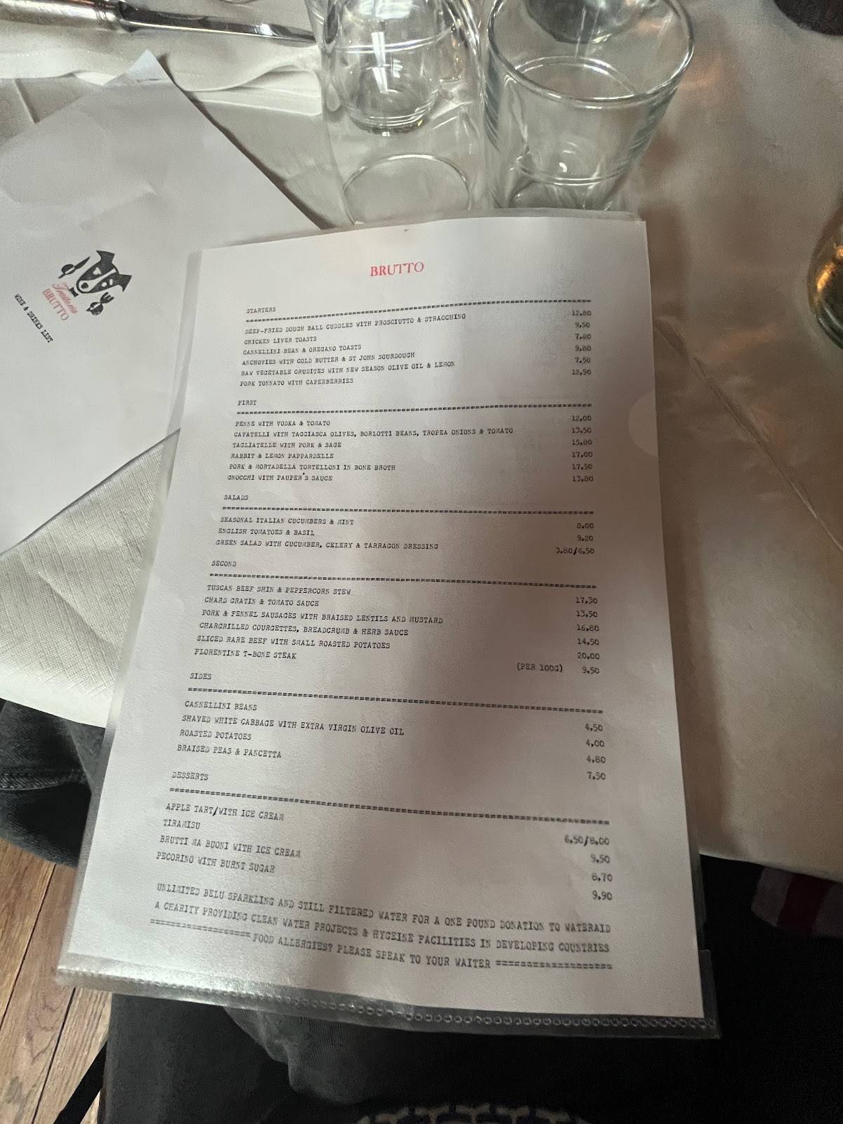 Menu at Brutto restaurant, London