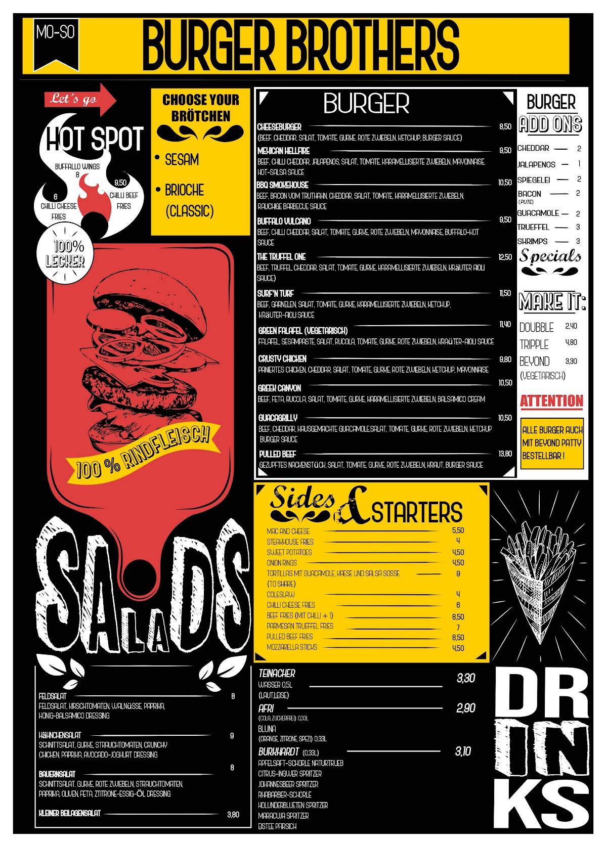 Menu au Burger Brothers restaurant, Ulm