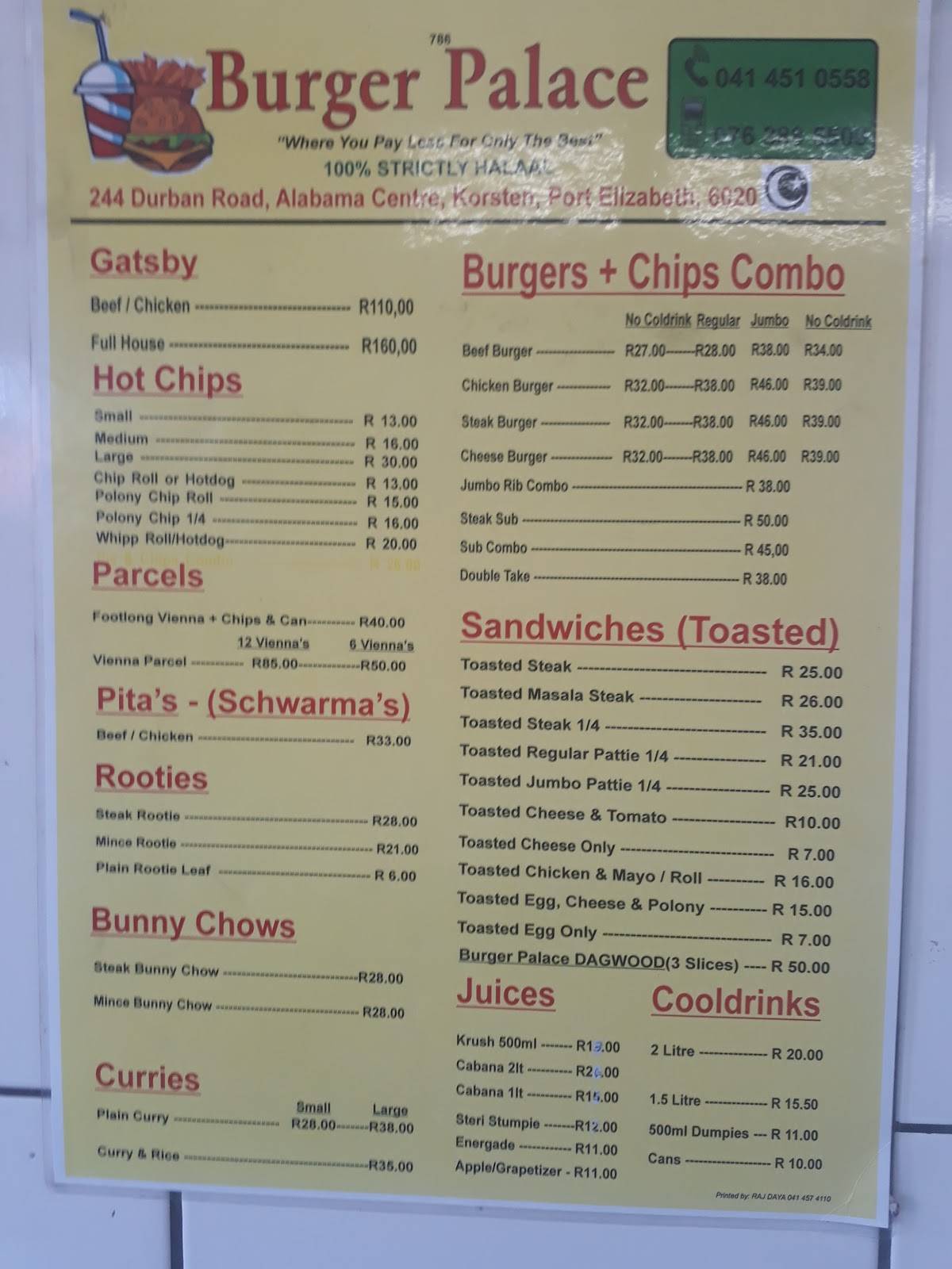 Menu at Burger Palace restaurant, Port Elizabeth