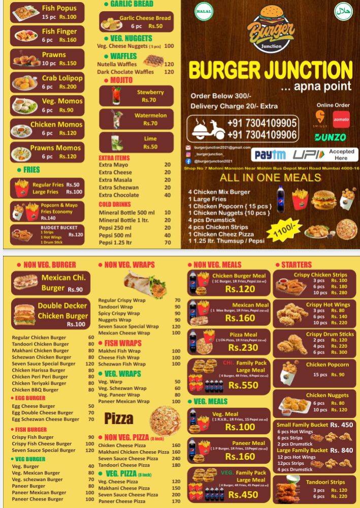 Menu at Burger junction apna point, Mumbai