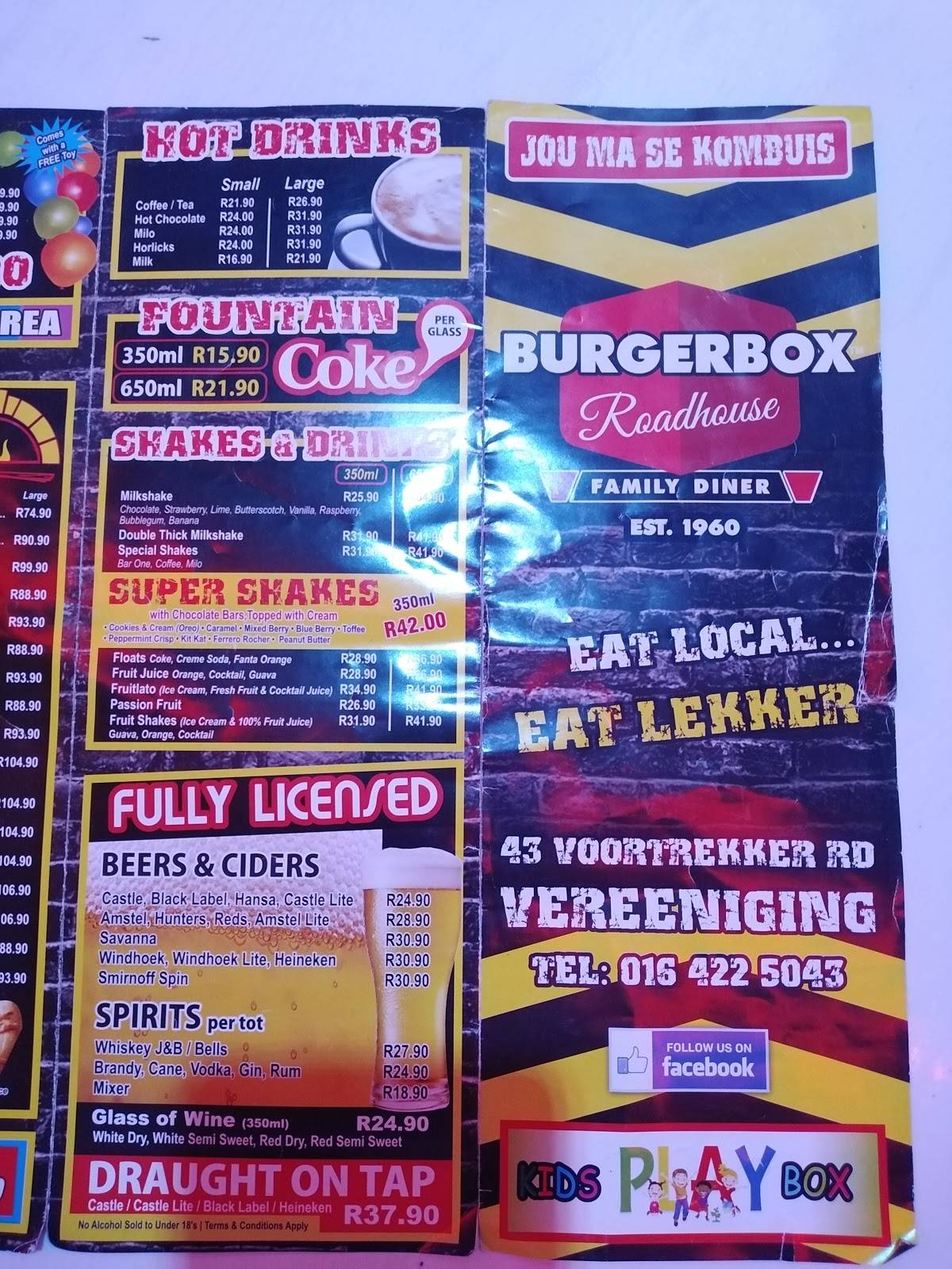 Carta del restaurante Burgerbox Roadhouse Vereeniging, Vereeniging