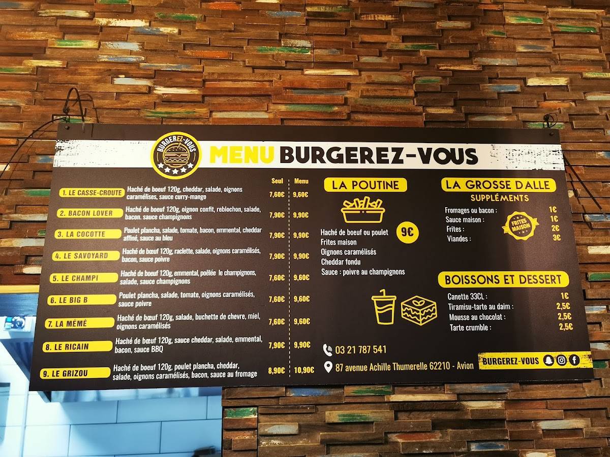 Menu au Burgerez-vous Avion restaurant, Avion