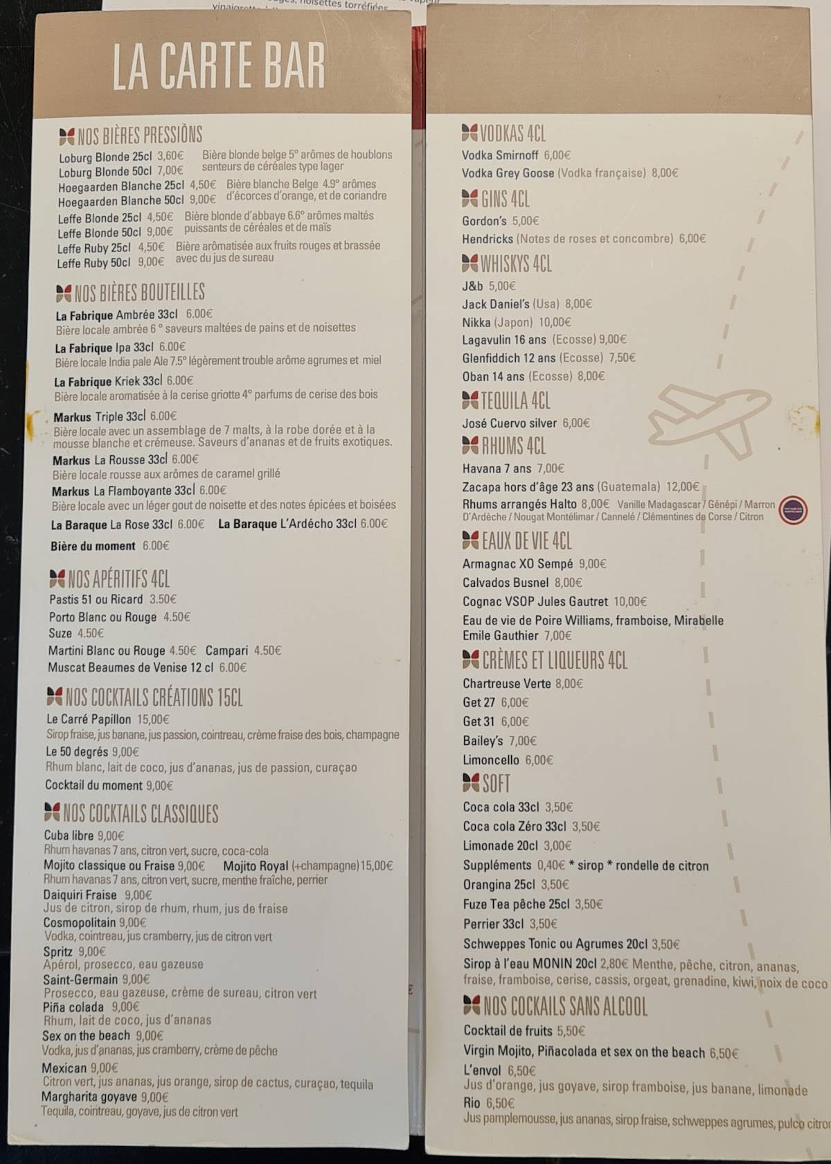 Menu au Carré Papillon restaurant, Montélimar