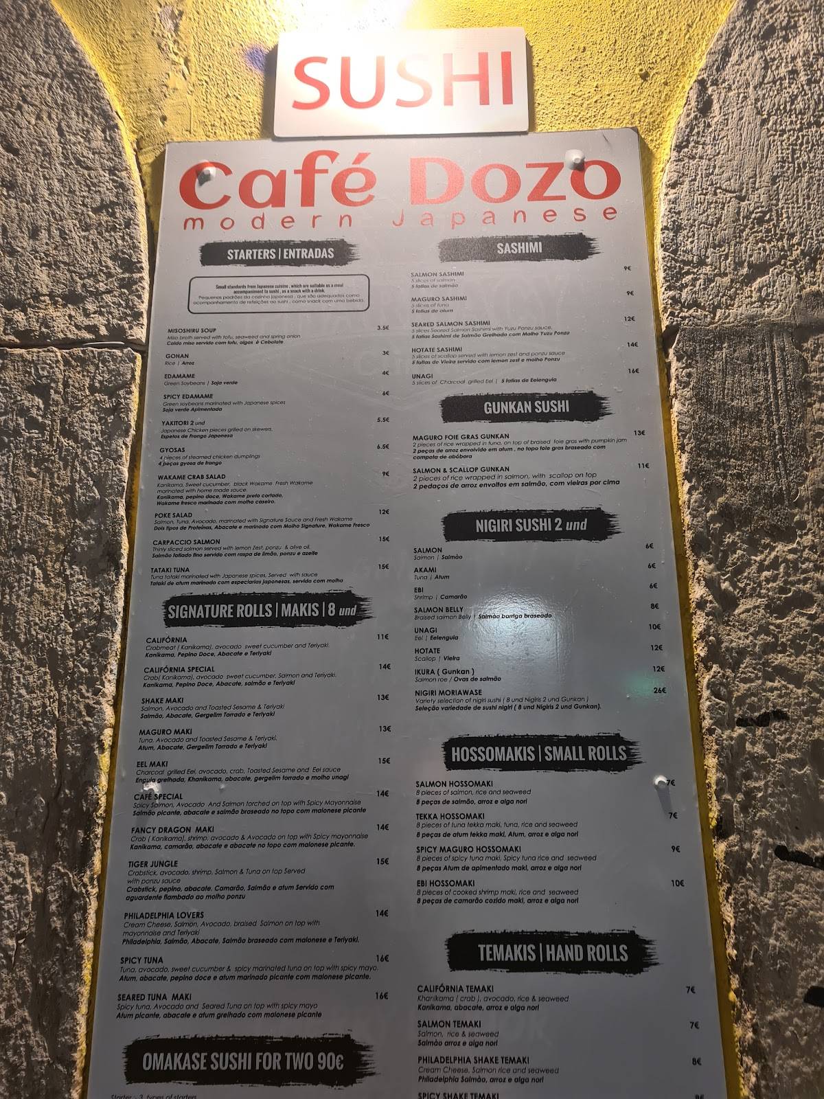 Menu at Cafe Dozo,Bairroalto, Lisbon