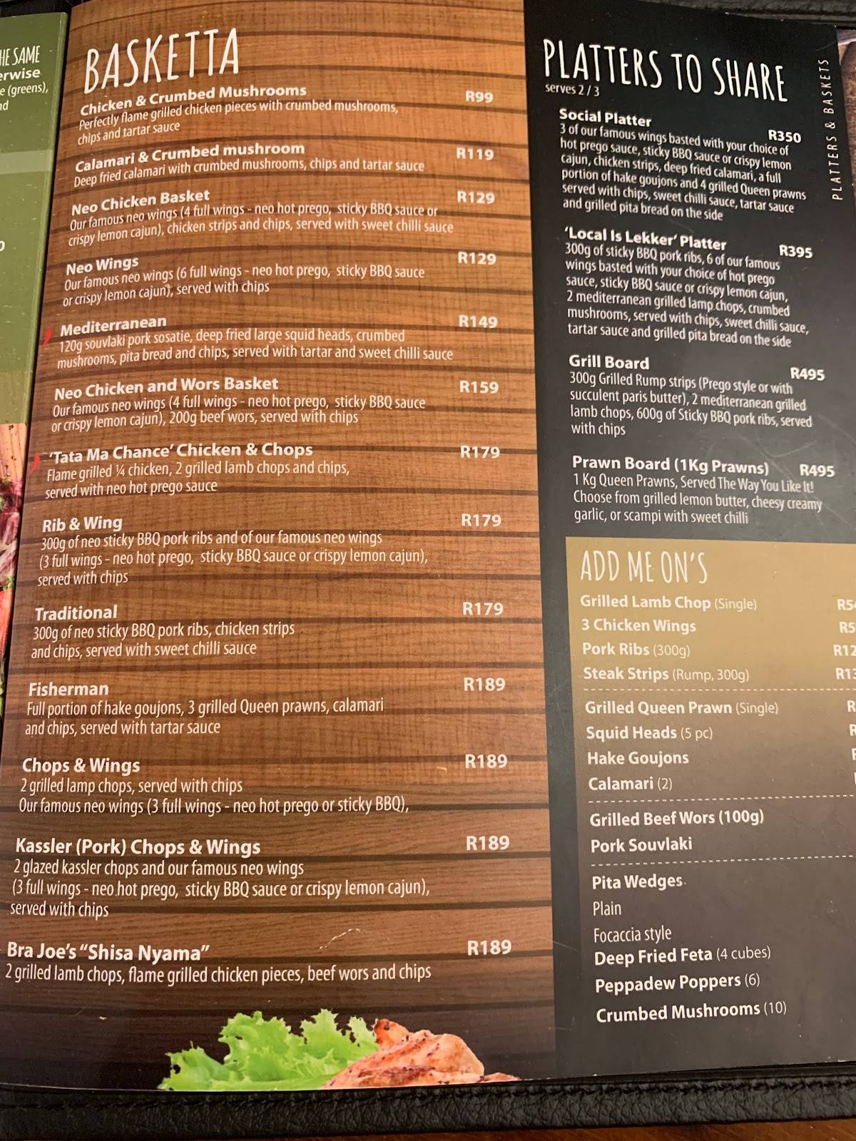 Menu at Café Neo restaurant, East London