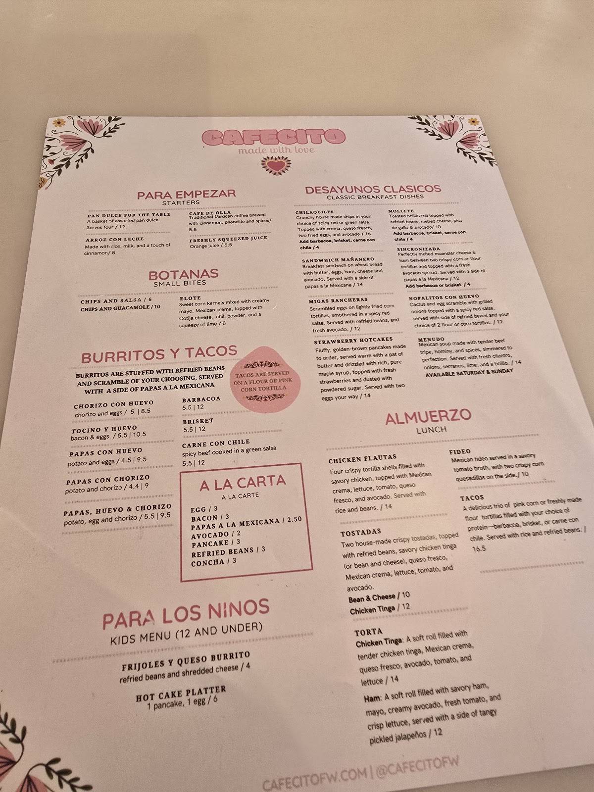 Menu at Cafecito, Fort Worth