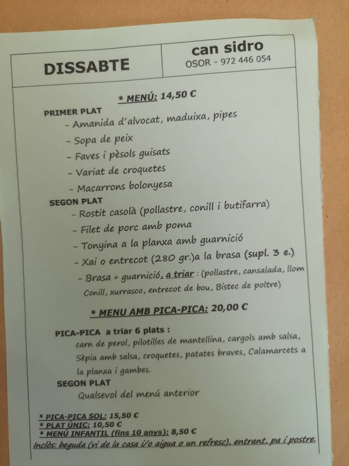 Carta del restaurante Can Sidro d´Osor, Osor
