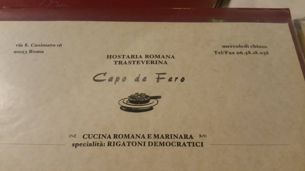 Menu at Capo de Fero Roma restaurant, Rome